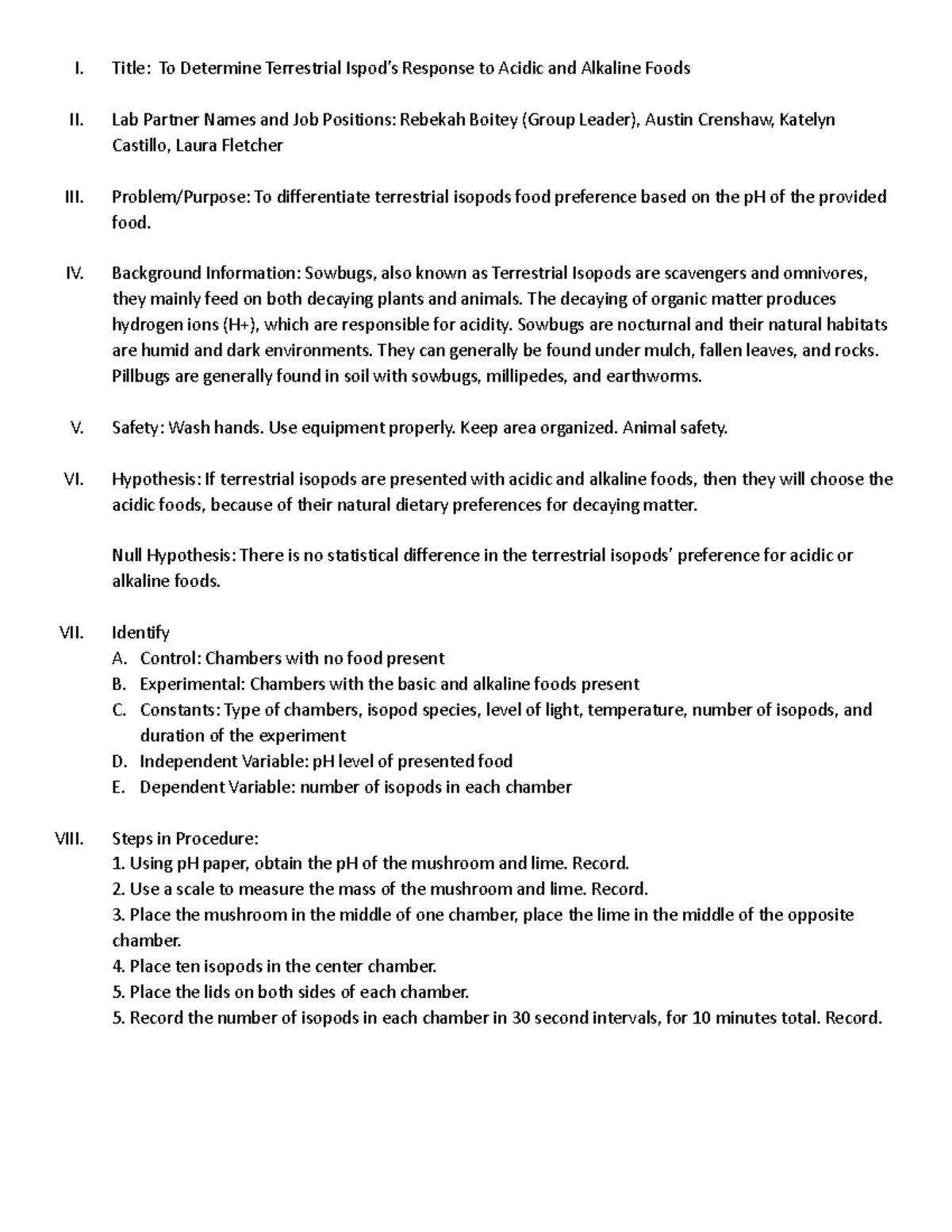 Isopods AP Biology Formal Lab Report - I. Title: To Determine ...