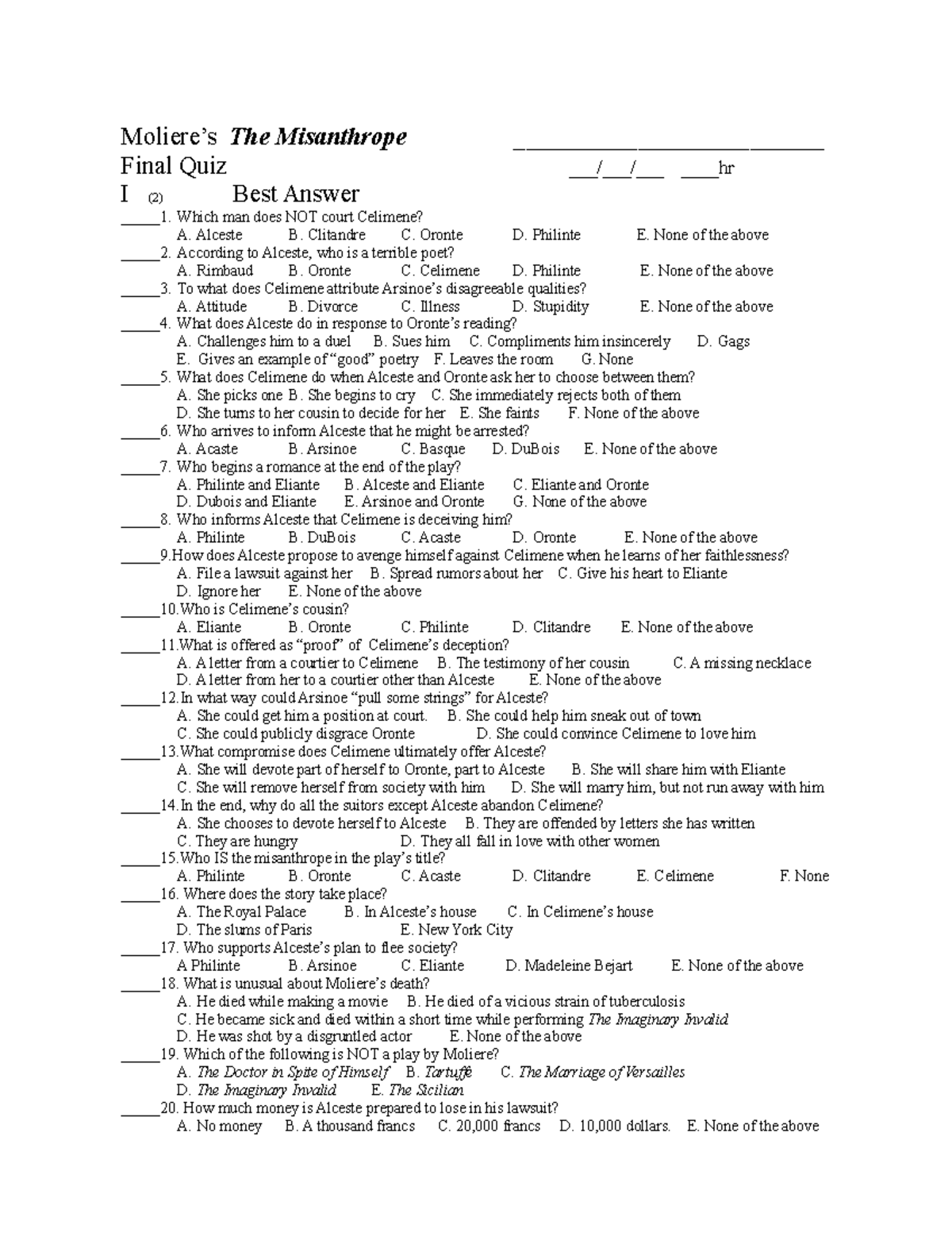 Moliere The Misanthrope Quiz includes Answer Key - Moliere’s The ...