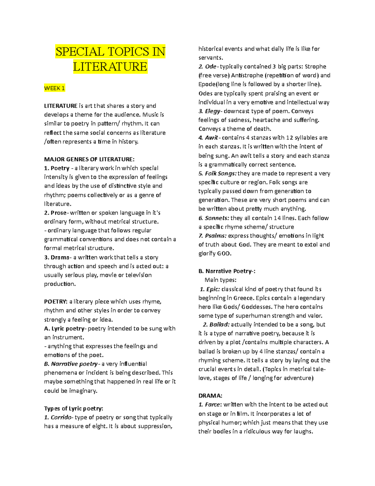 Special Topics IN Literature. Lessons - SPECIAL TOPICS IN LITERATURE ...