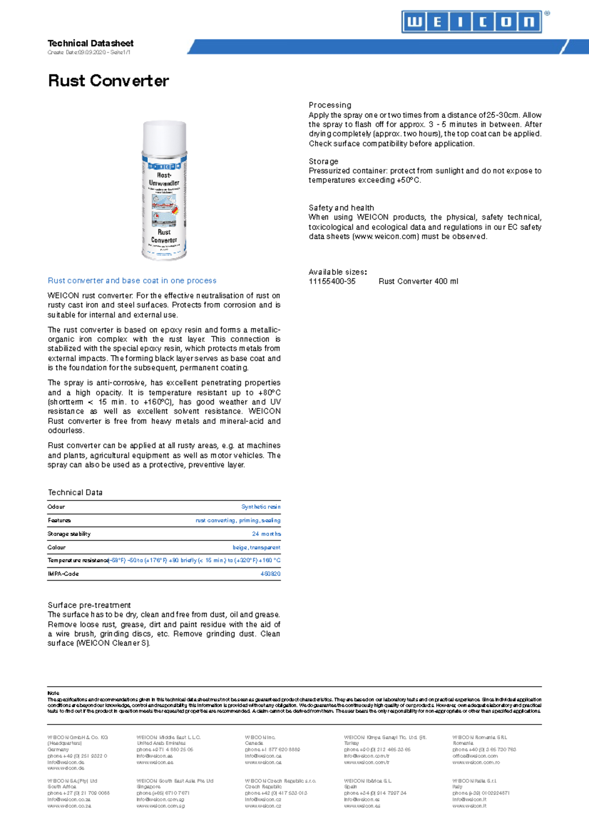 TDS 11155400 CA Rust Converter - Technical Datasheet Create Date:09.09 ...
