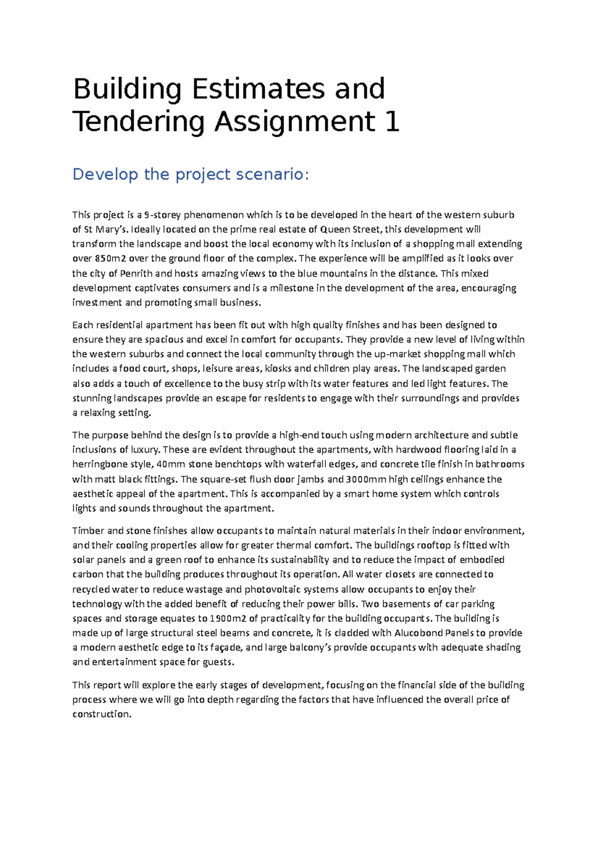 Building Estimates and Tendering Assignment 1 - Building Estimates and ...