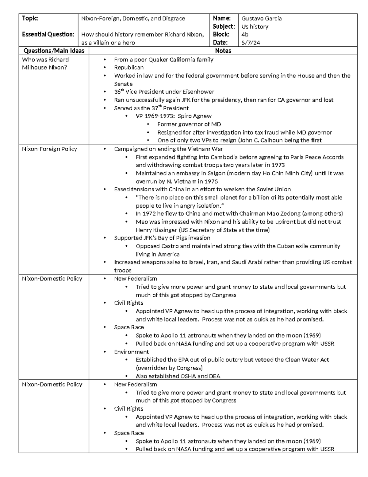 Cornell Notes Graphic Organizer (16) - Topic: Essential Question: Nixon ...