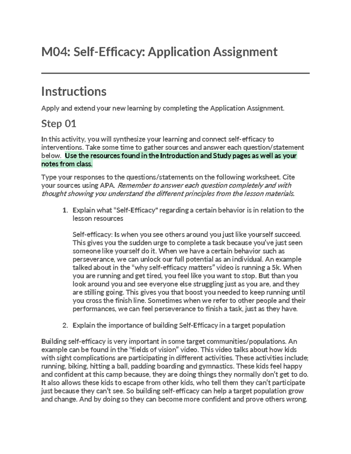M04 Self-Efficacy Application Assignment - M04: Self-Efficacy: Application Assignment ...