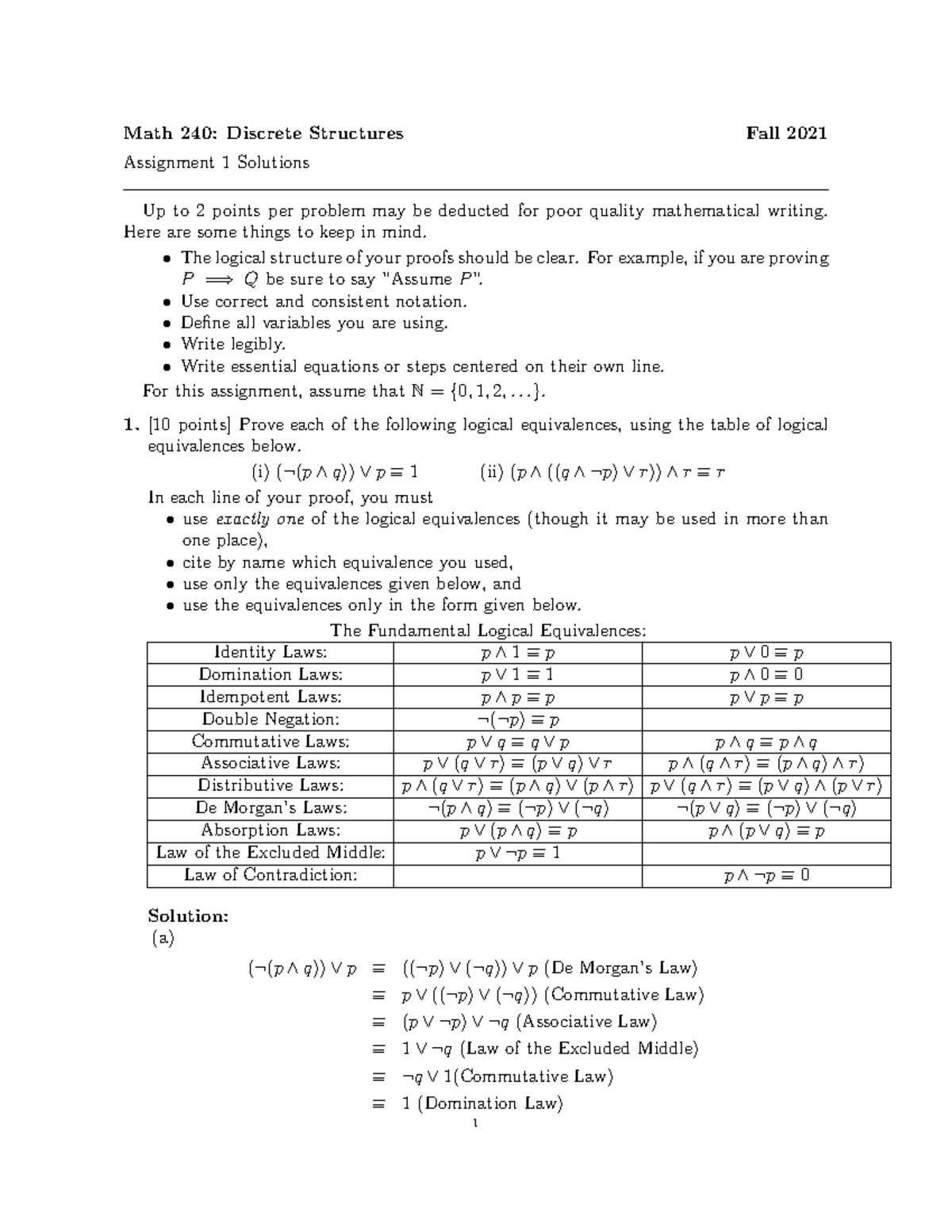 Assignment 1 sol for - Math 240: Discrete Structures Fall 2021 ...