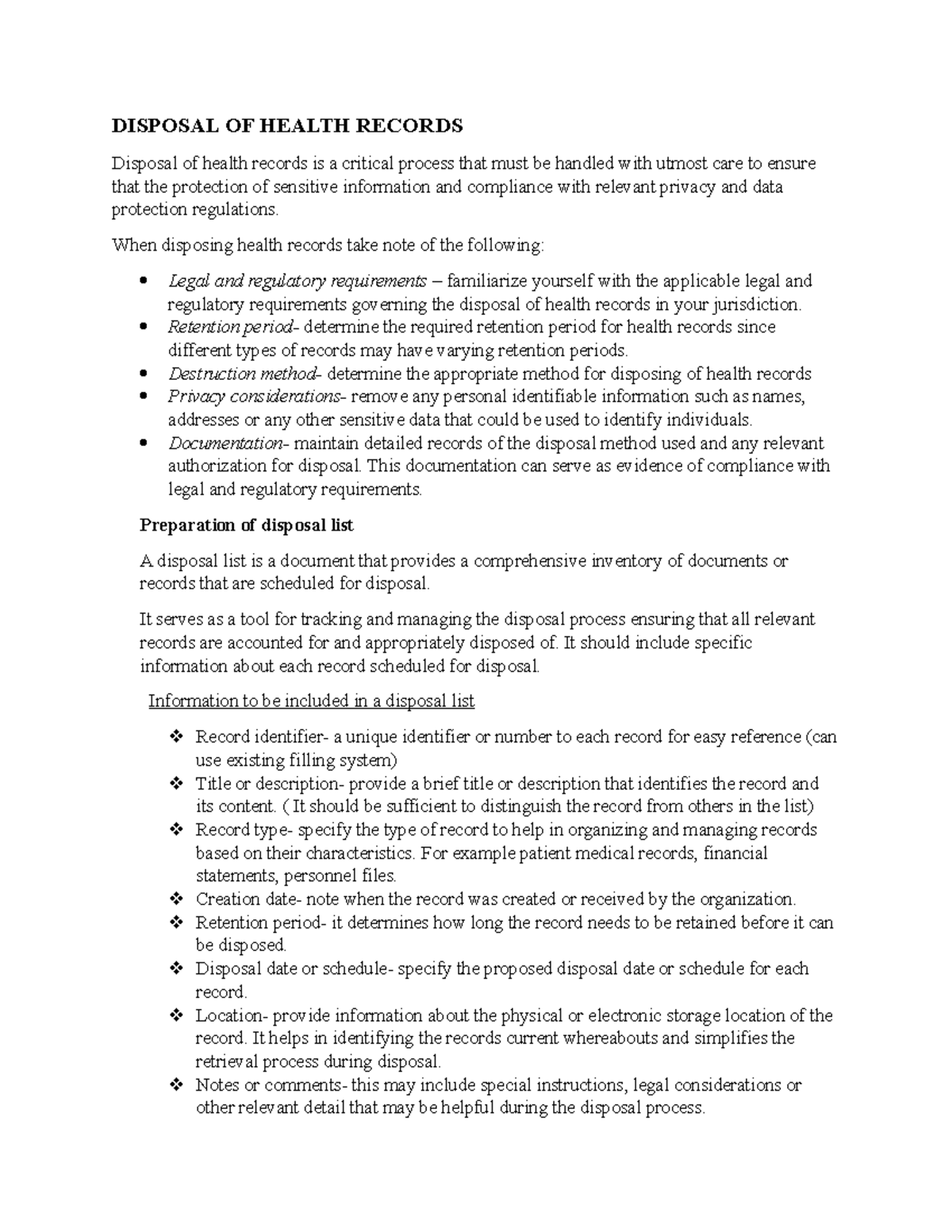 Disposal OF Health Records - DISPOSAL OF HEALTH RECORDS Disposal of ...