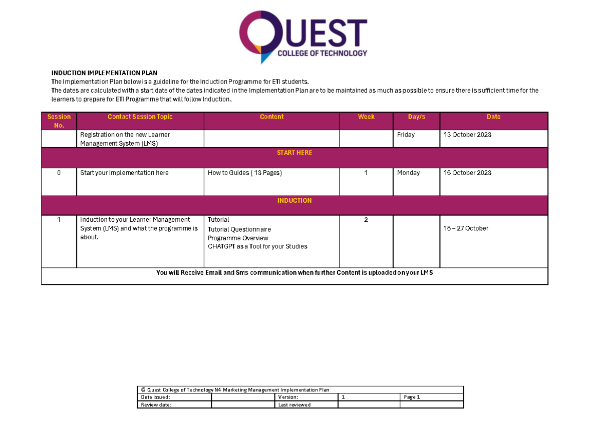 Induction- Implementation-PLAN - © Quest College of Technology N4 ...
