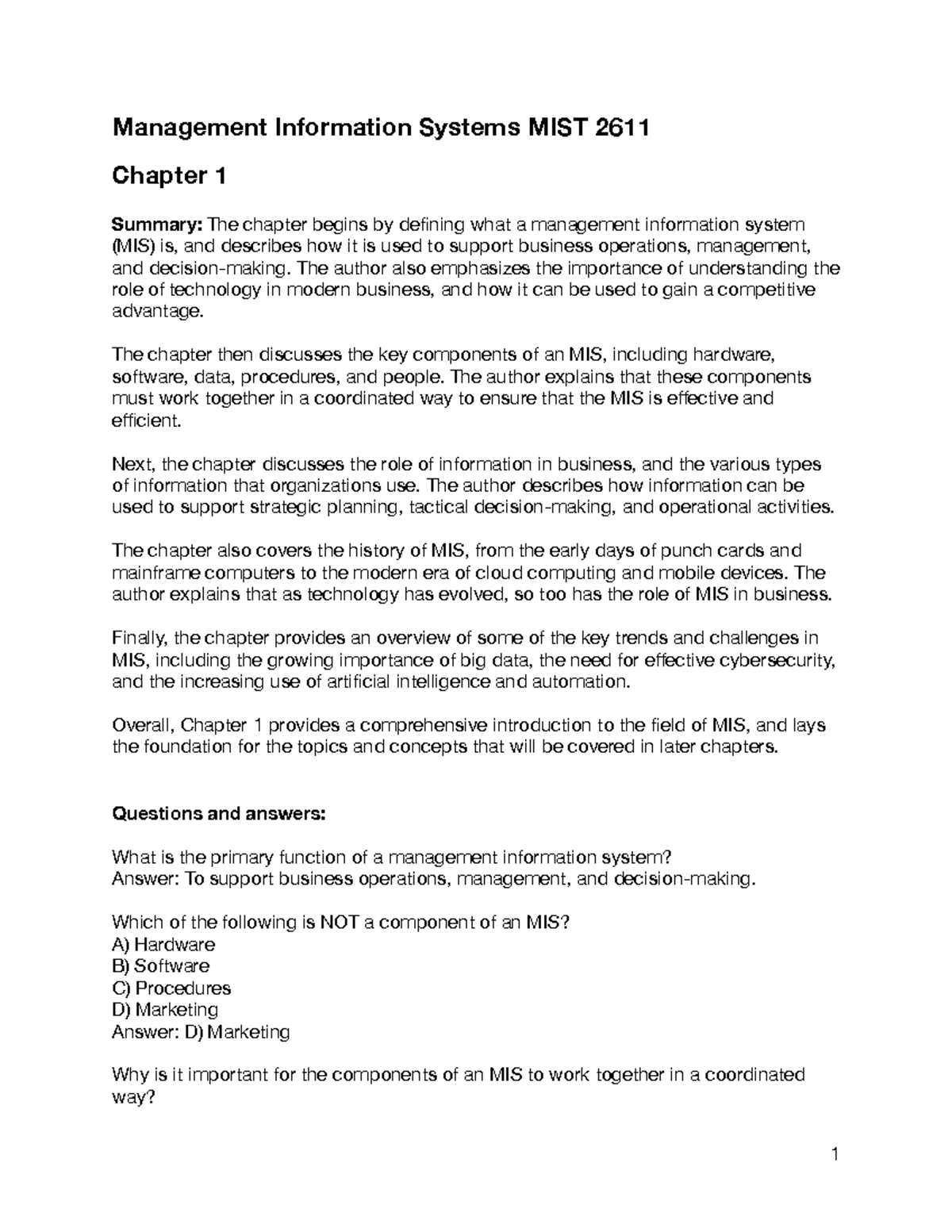 Mist 2611 Chapter 1 Management Information Systems Mist 2611 Chapter 1 Summary The Chapter