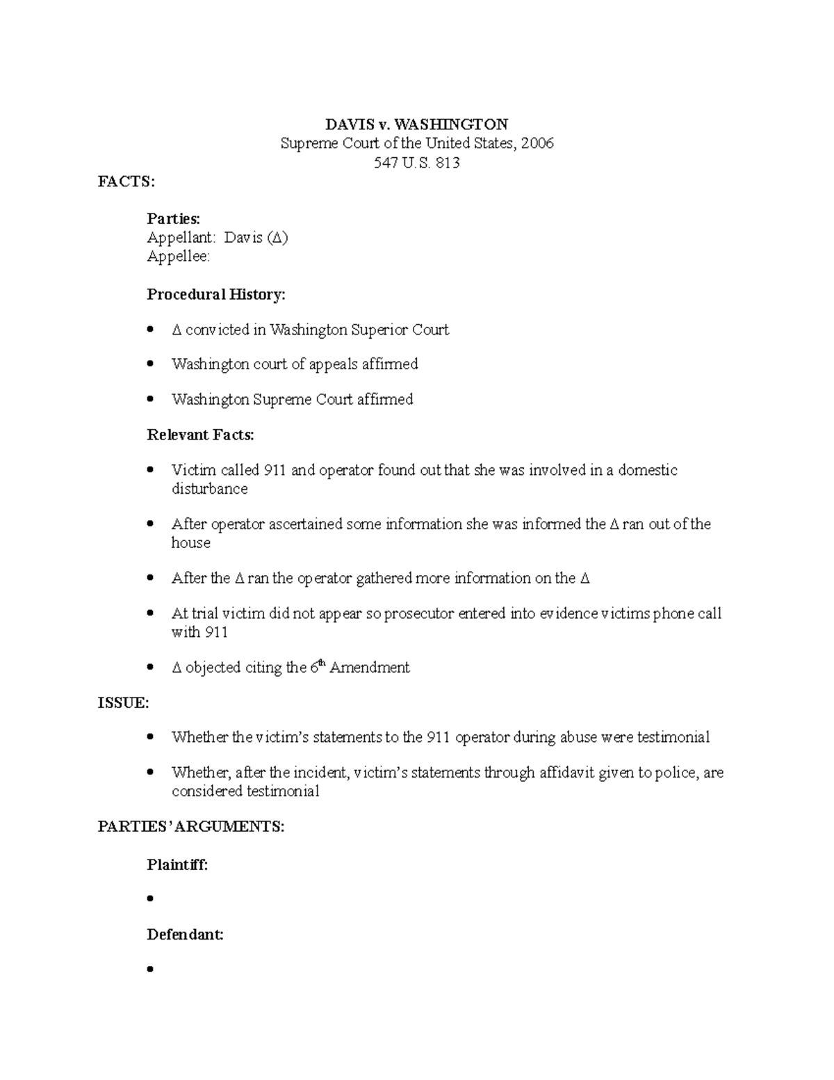 Davis v. Washington - Evidence 2020 Case brief from George Fisher ...