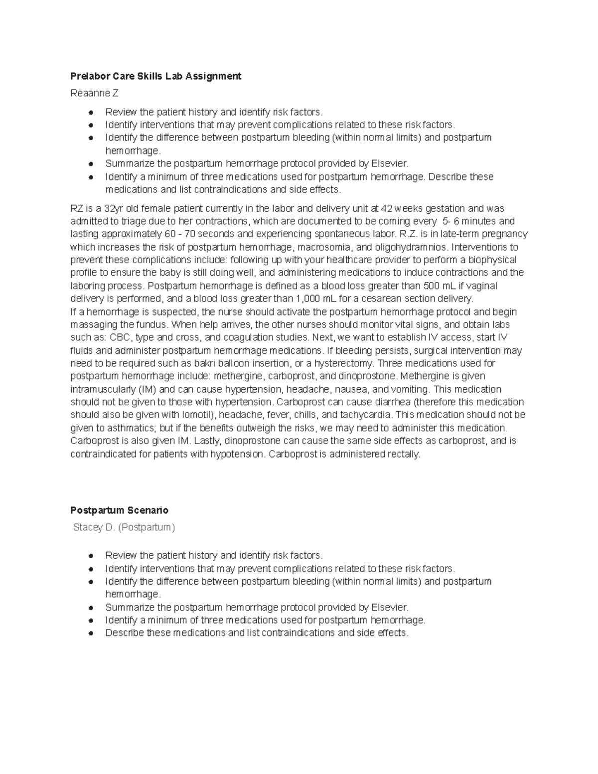 OB scenarios - Prelabor Care Skills Lab Assignment Reaanne Z Review the ...