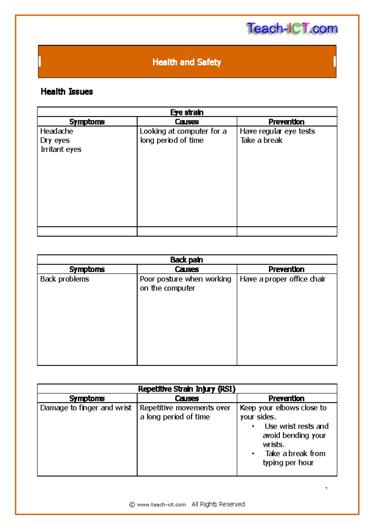 1.) Health and Safety worksheet - Health and Safety Health Issues Eye ...
