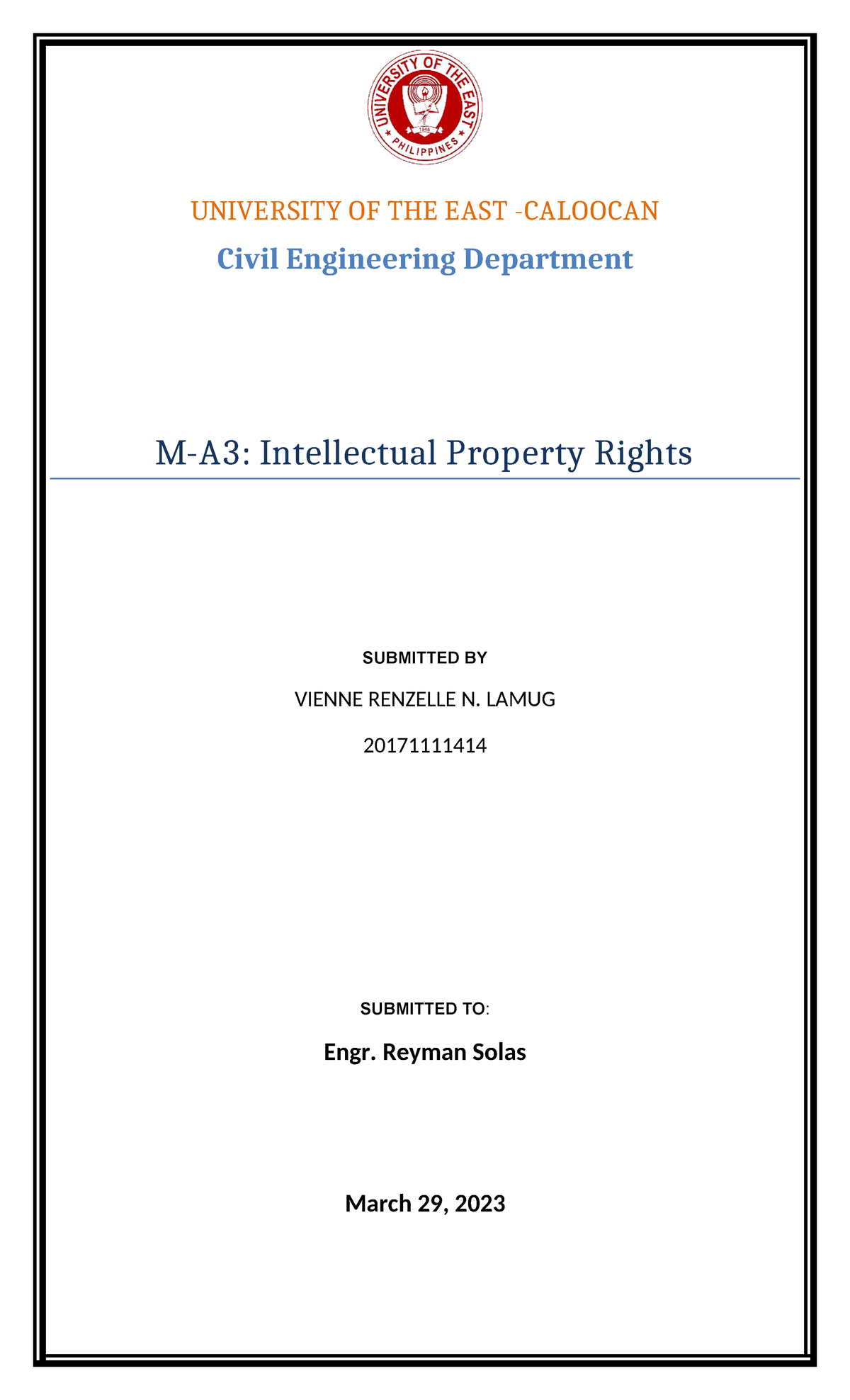 Sample front page and template - UNIVERSITY OF THE EAST -CALOOCAN Civil ...