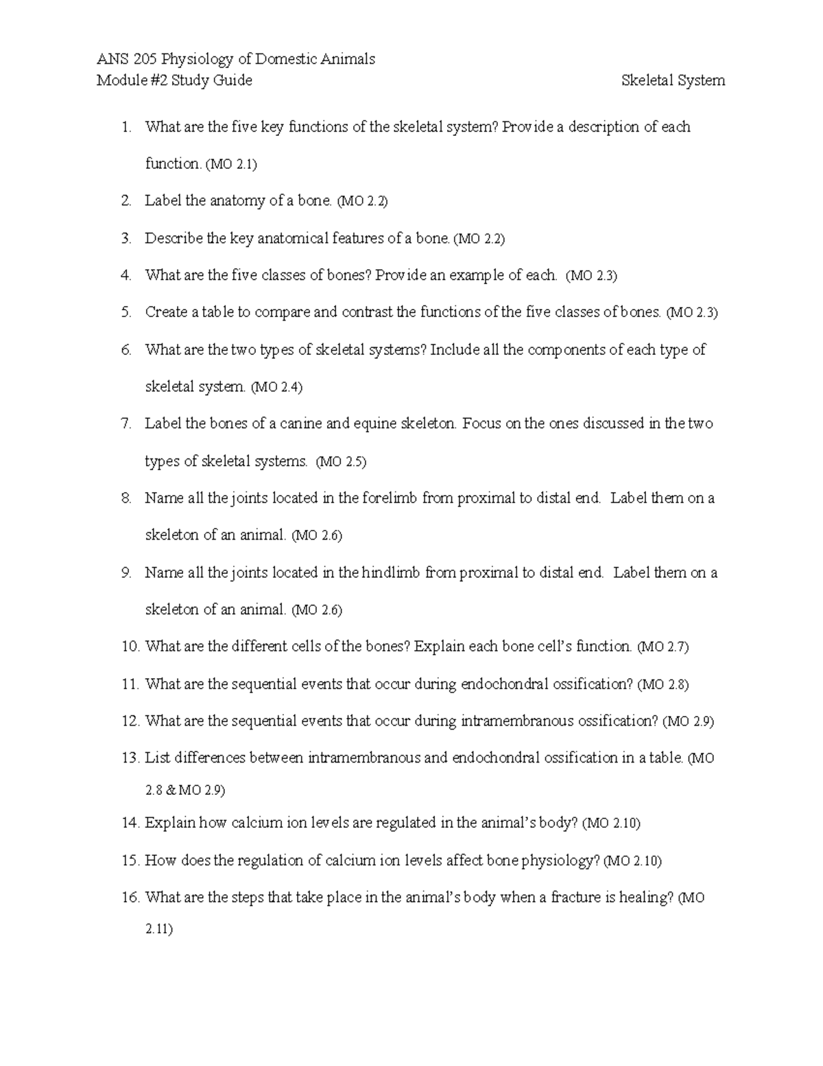 MO2 Study Guide - Skeletal system - ANS 205 Physiology of Domestic ...