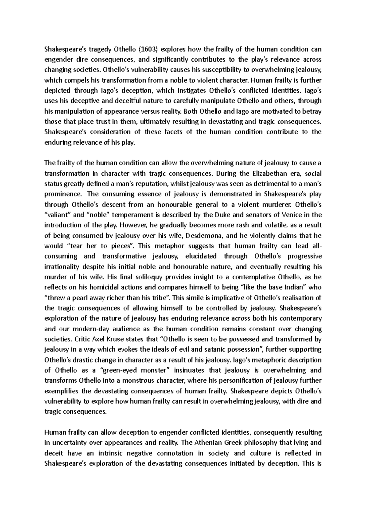 Othello Essay 3 - Shakespeare’s tragedy Othello (1603) explores how the ...