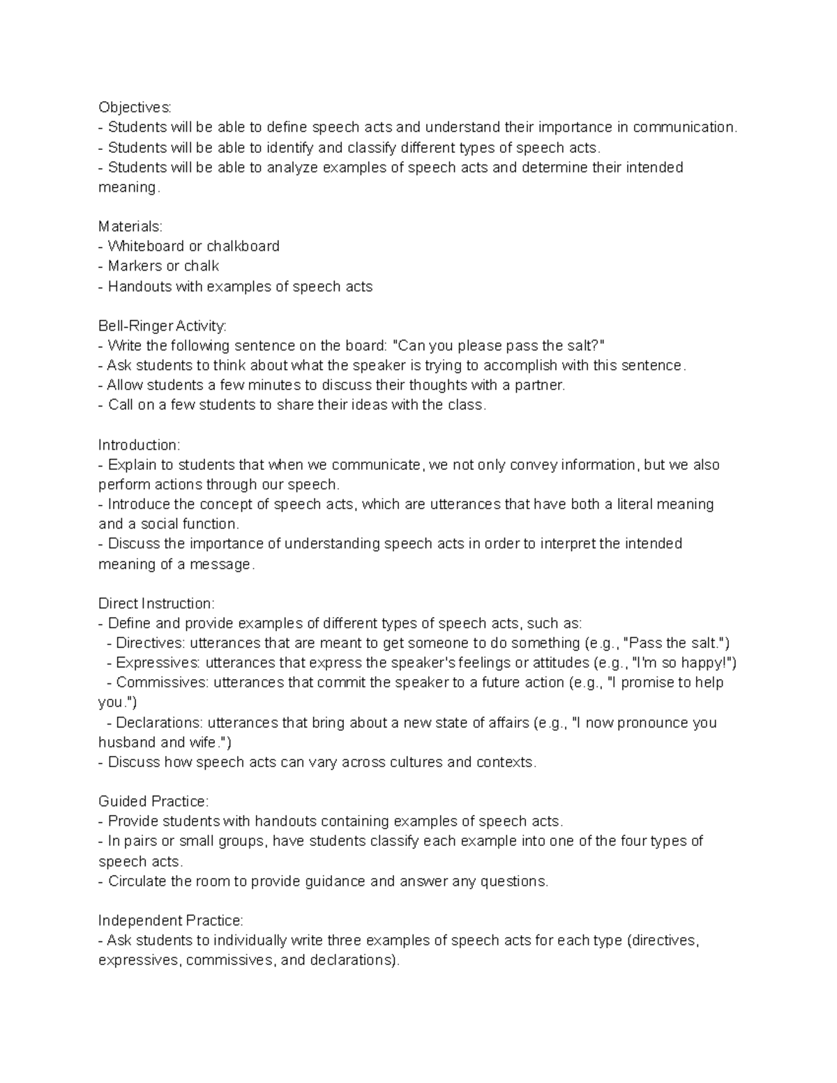 Speech Act LP - Objectives: Students will be able to define speech acts ...