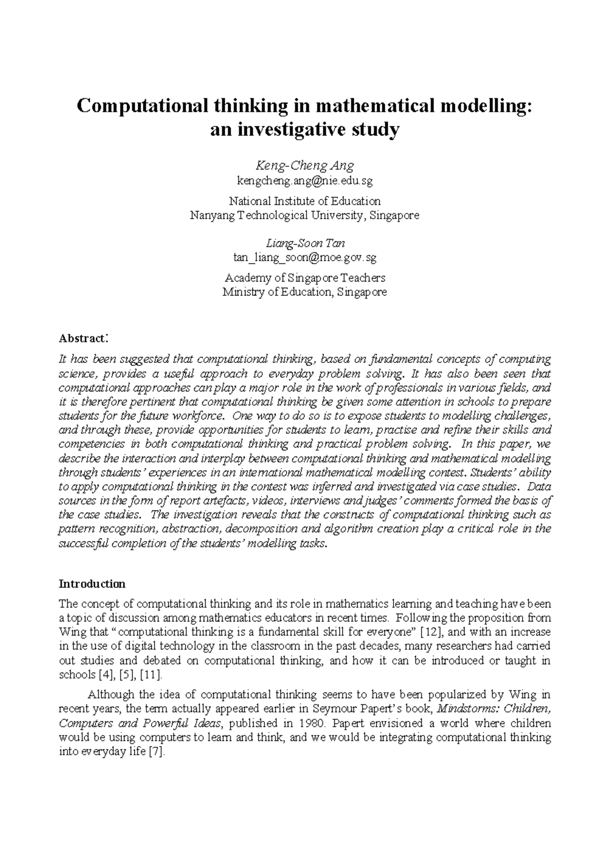 Computational thinking in mathematical modelling - edu National ...