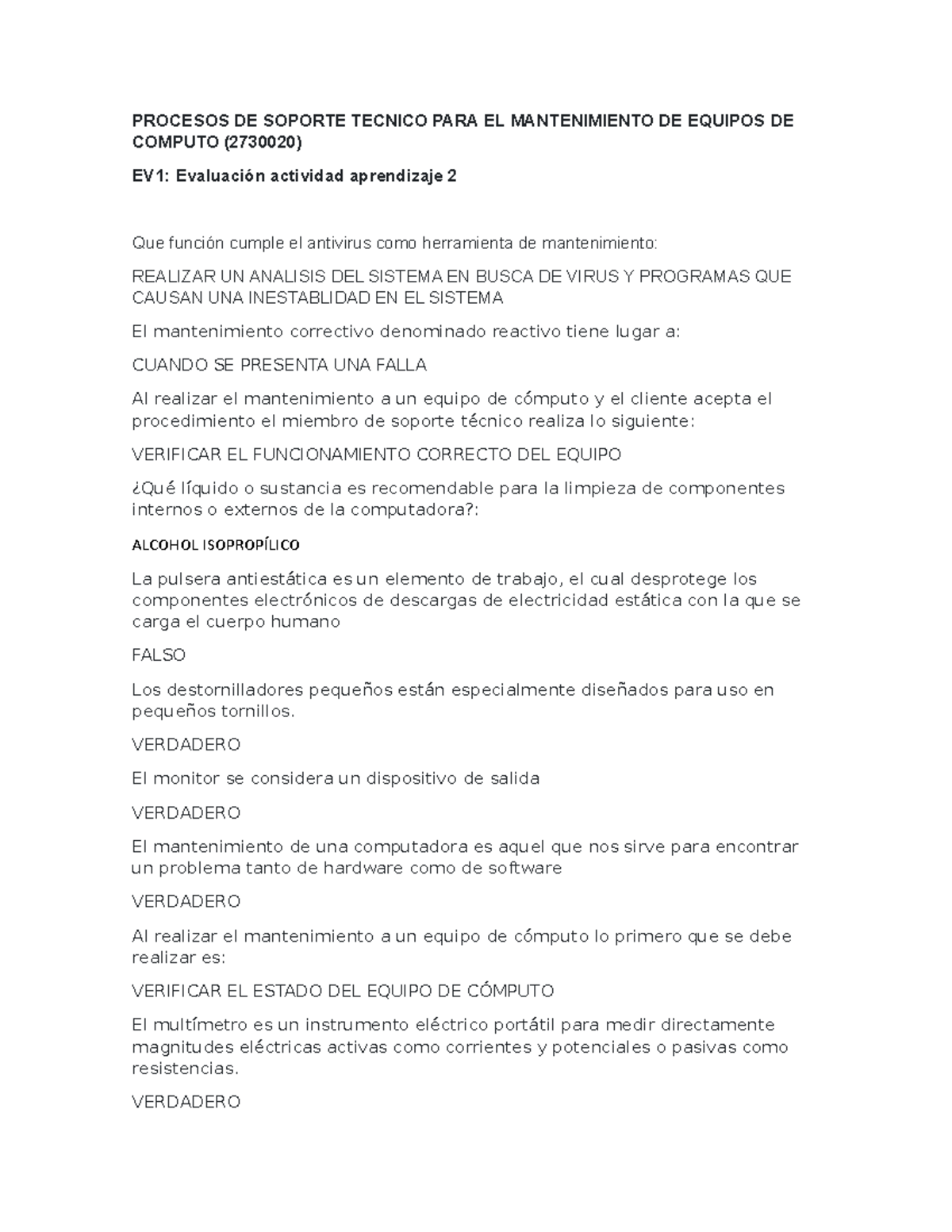 EV1 Evaluación actividad aprendizaje 2 - PROCESOS DE SOPORTE TECNICO PARA EL MANTENIMIENTO DE ...