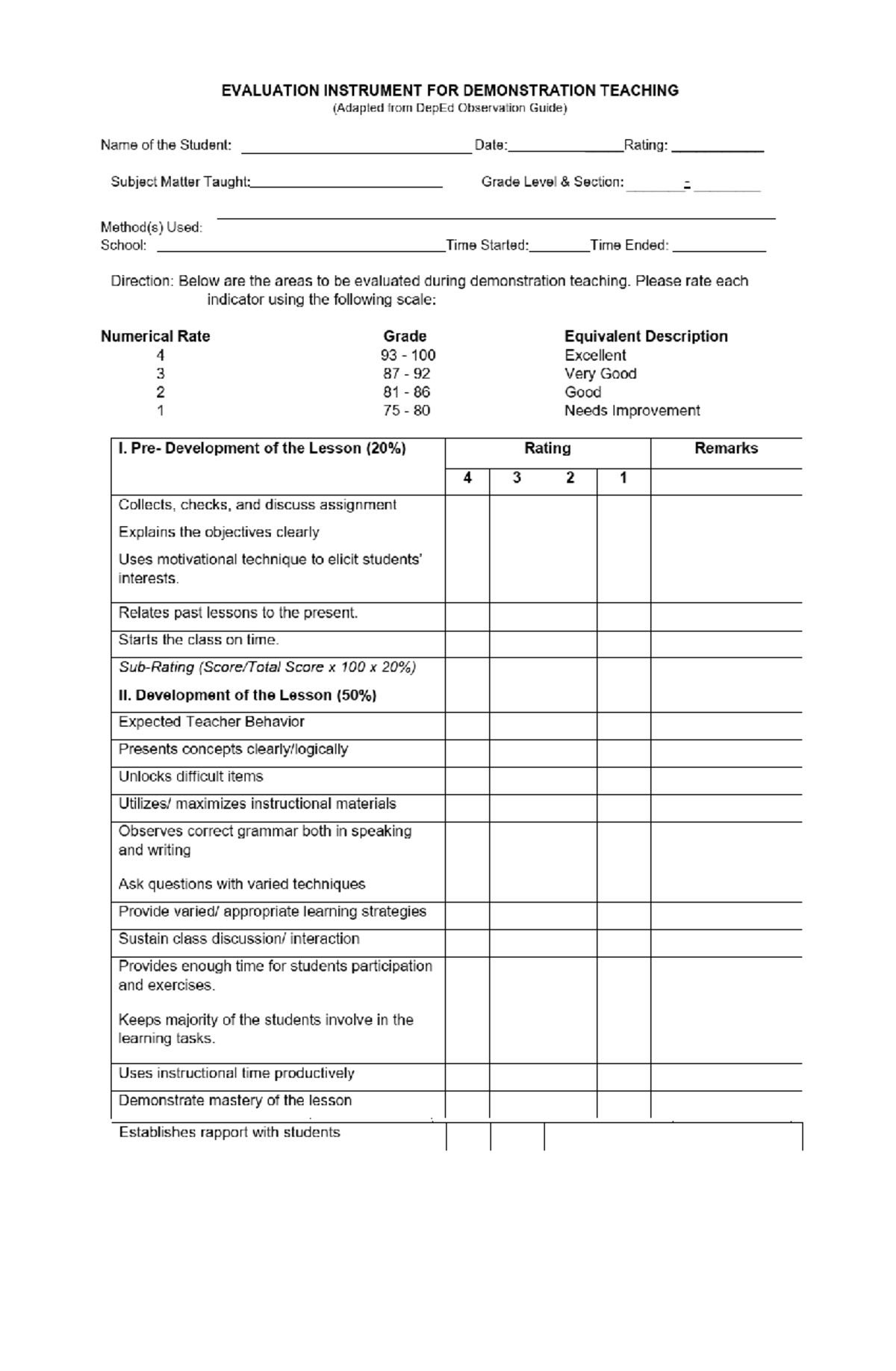 Demo-Rating - PPT - EVALUATION INSTRUMENT FOR DEMONSTRATION TEACHING ...