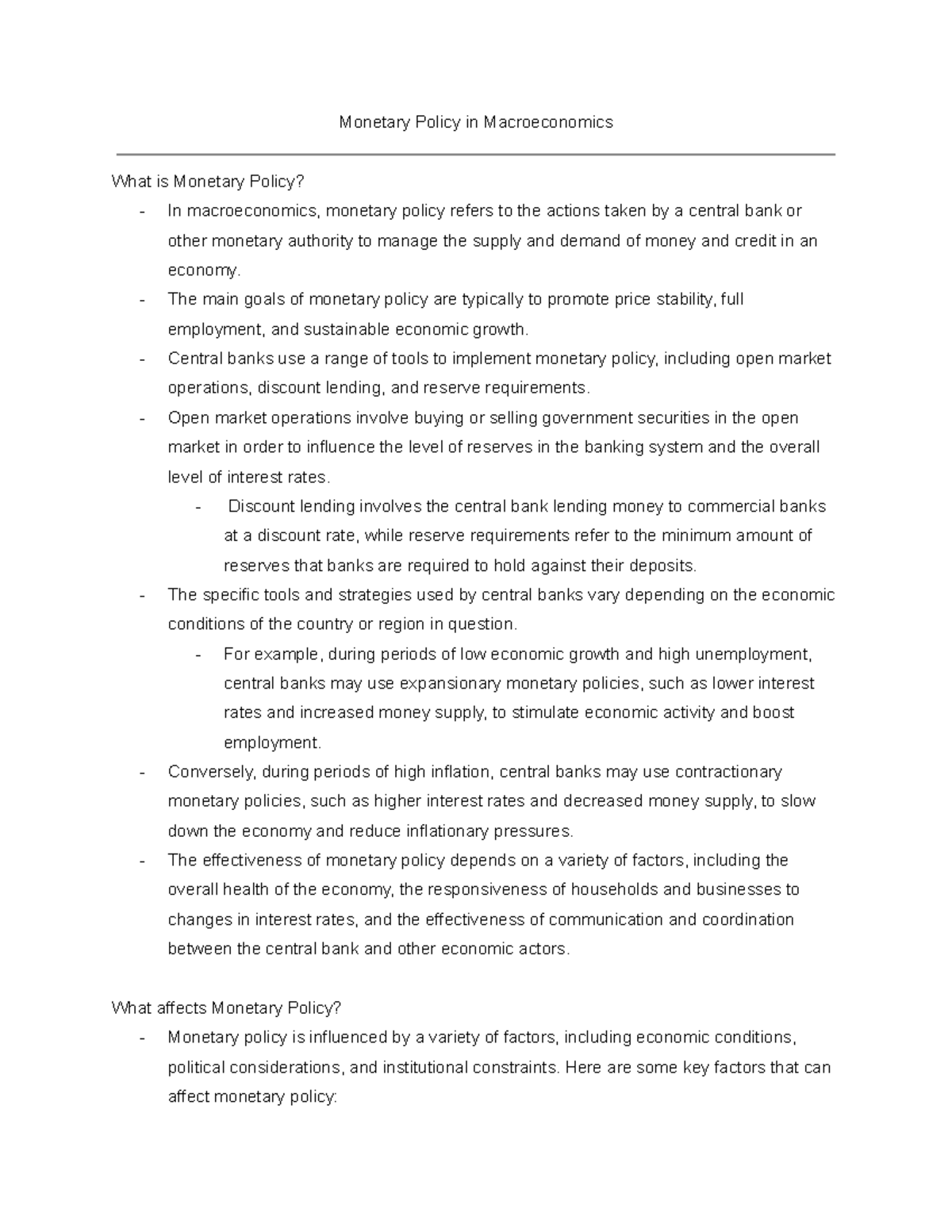 ECO 100 Monetary Policy in Macroeconomics - Monetary Policy in ...