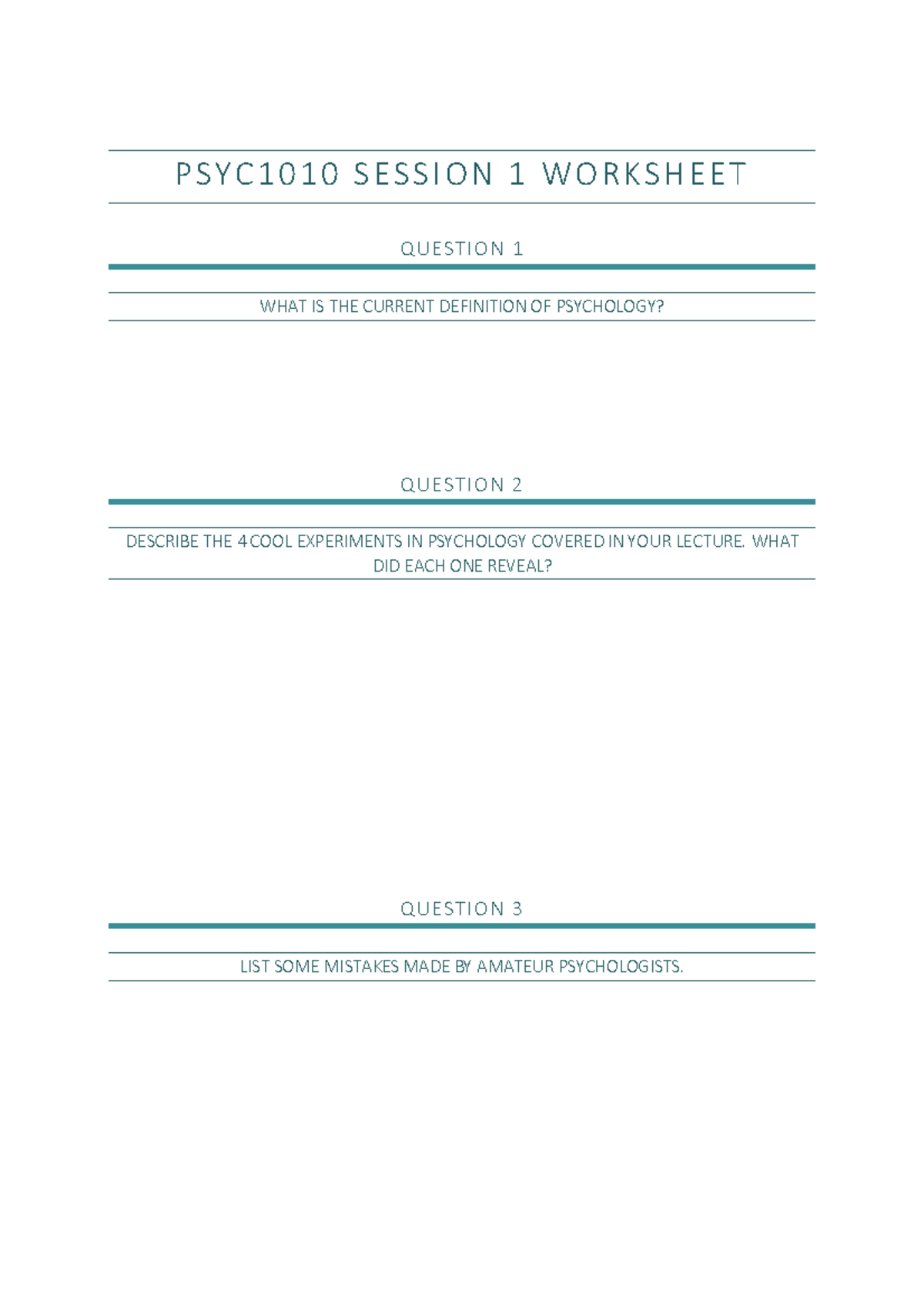 PSYC1010 S1 Worksheet-1 - P S Y C 1 0 1 0 S E S S I O N 1 W O R K S H E ...