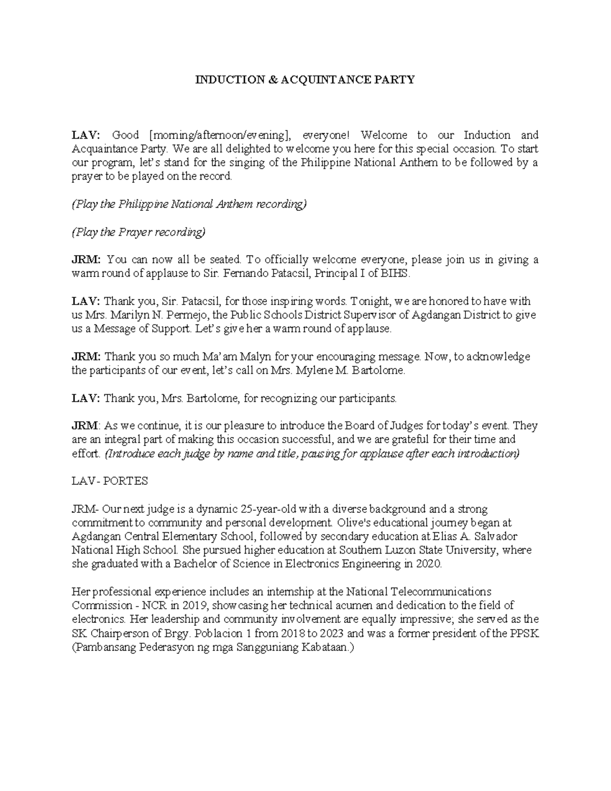 Script - INDUCTION & ACQUINTANCE PARTY LAV: Good [morning/afternoon ...