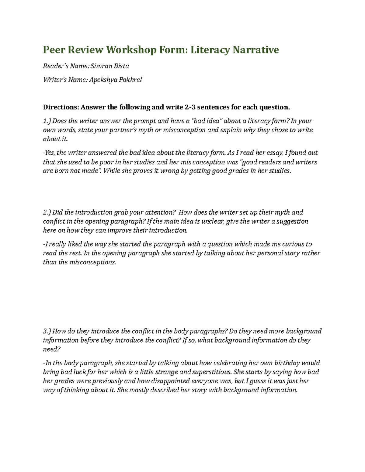 Peer review - hope its helpful - Peer Review Workshop Form: Literacy ...