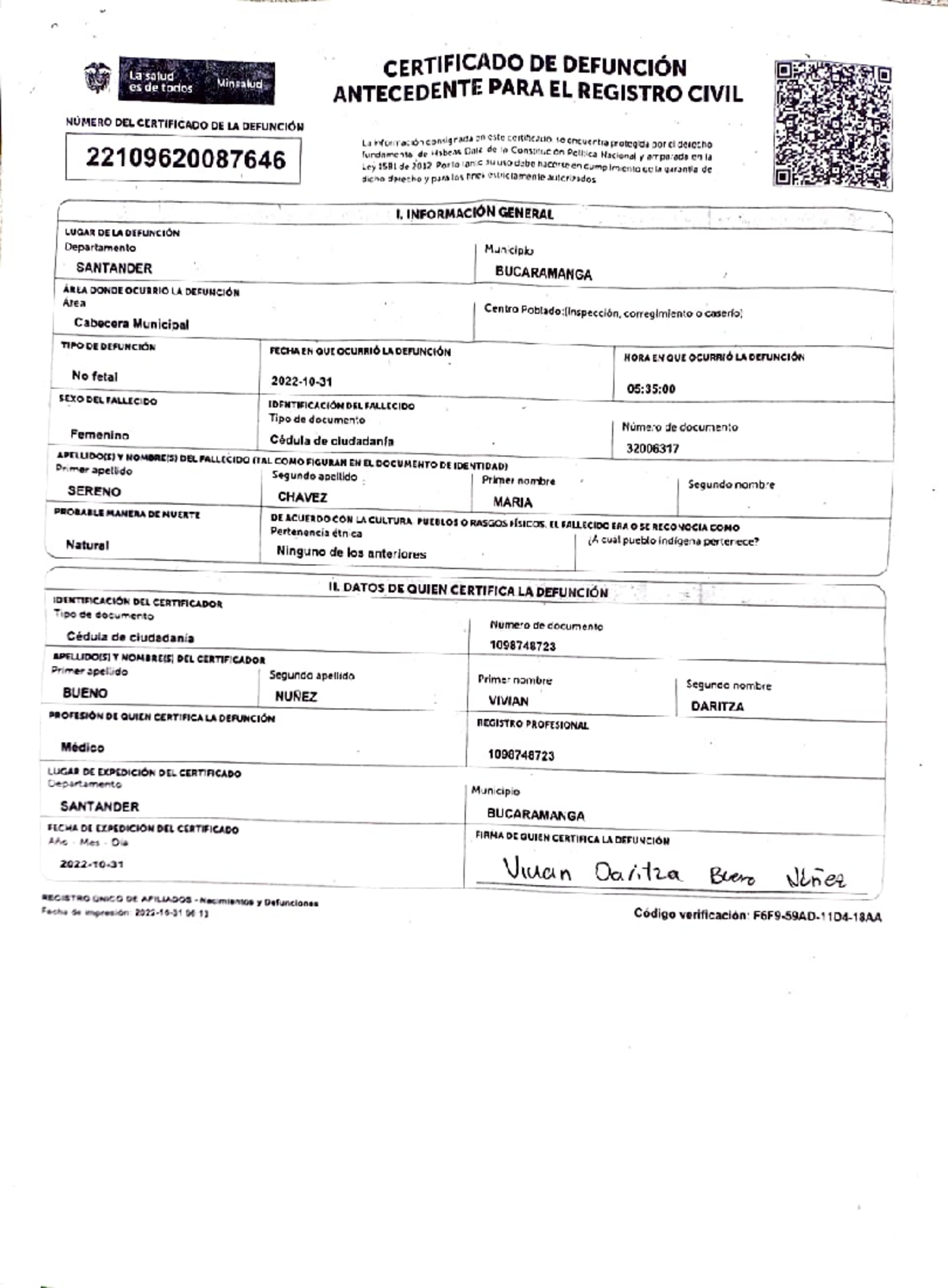 Acta de defunción - Es buenas - CERTIFICADO DE DEFUNCIÓN ANTECEDENTE PARA EL REGISTRO CIVIL La ...