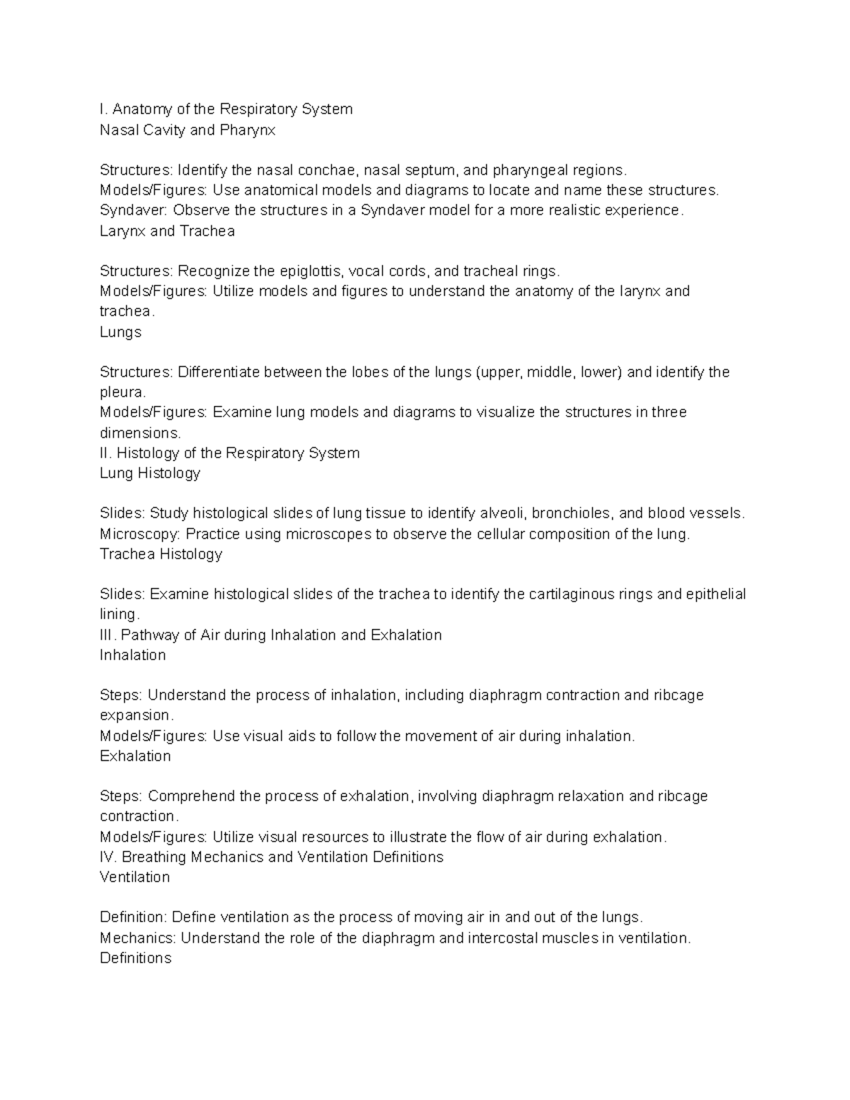 respiratory study guide - I. Anatomy of the Respiratory System Nasal ...
