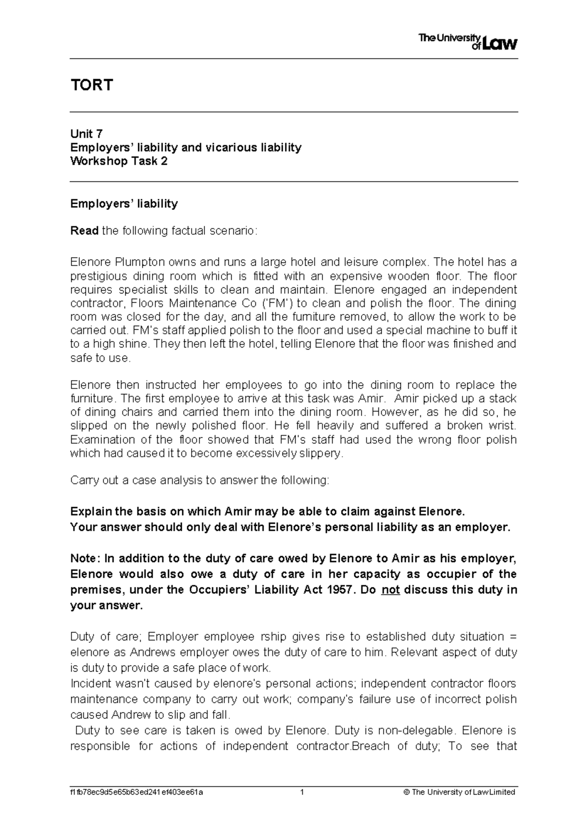 Tort workshop task 2 - TORT Unit 7 Employers’ liability and vicarious liability Workshop Task 2 ...