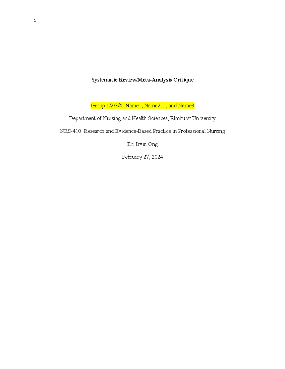 Research Critique APA Template - Systematic Review/Meta-Analysis ...