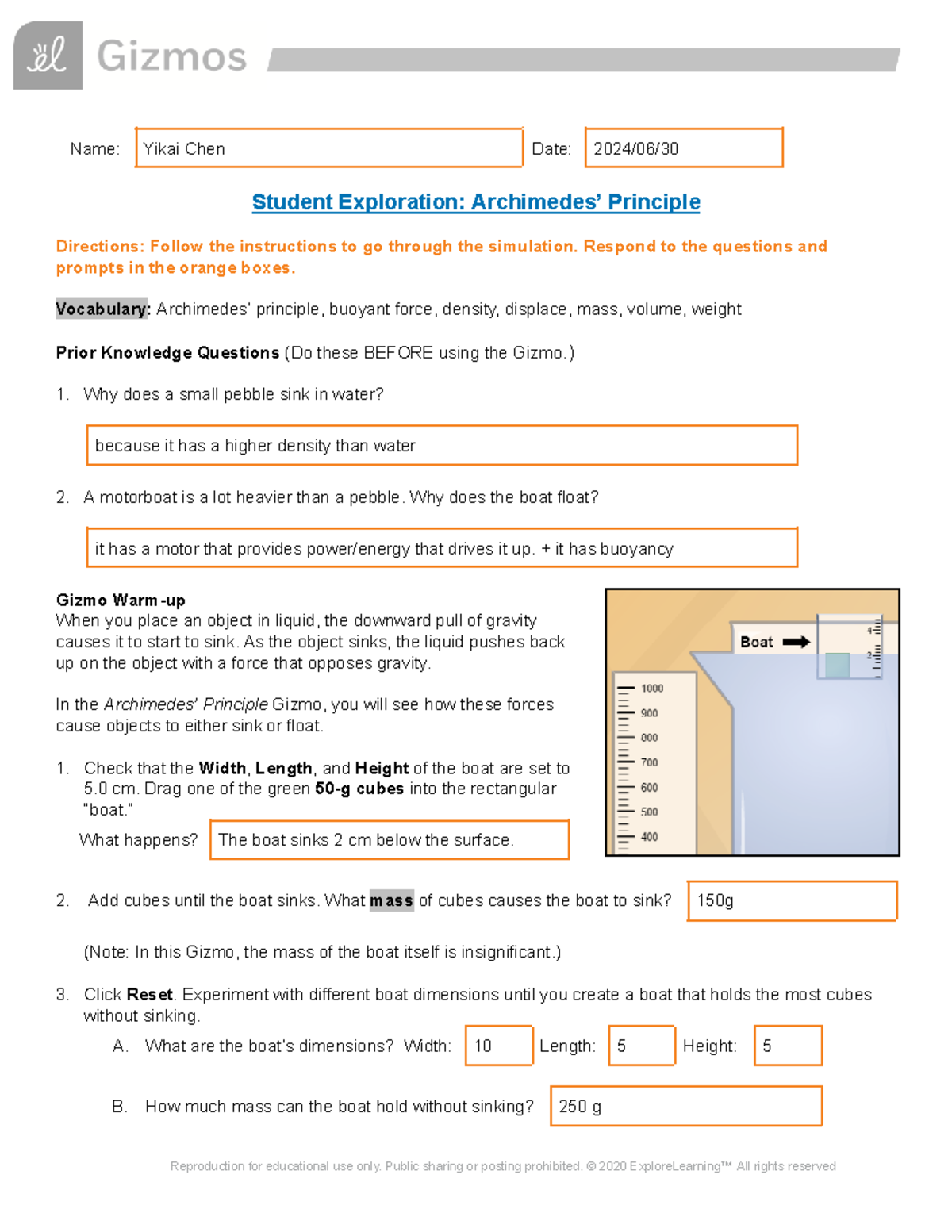 Archimedes' Principle Gizmos Lab AP Physics 1 - Name: Yikai Chen Date: 2024/06/ Student ...