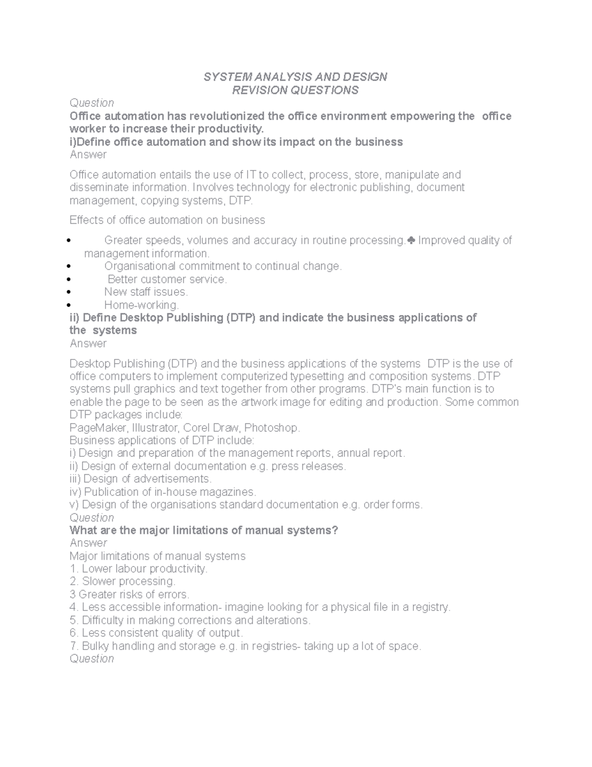 SAD revision questions - SYSTEM ANALYSIS AND DESIGN REVISION QUESTIONS ...