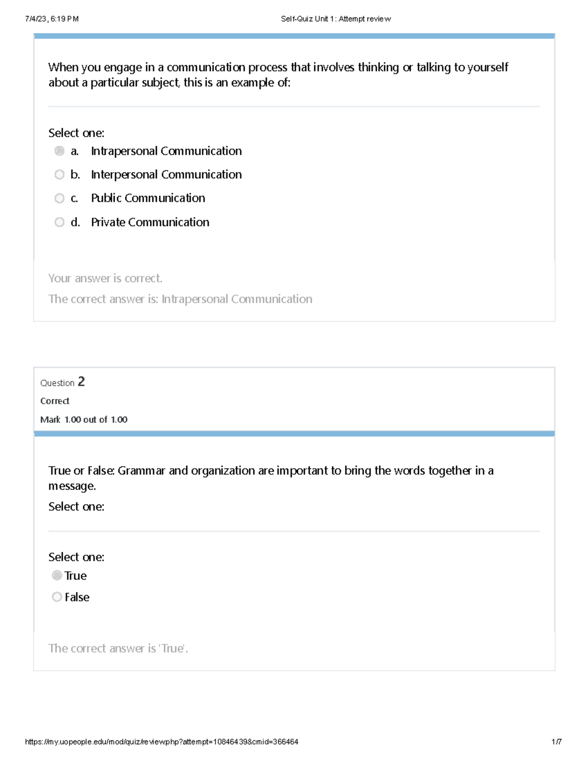 Self Quiz Unit 1 Attempt Review 3 Question 2 Correct Mark 1 Out Of 1 When You Engage In A