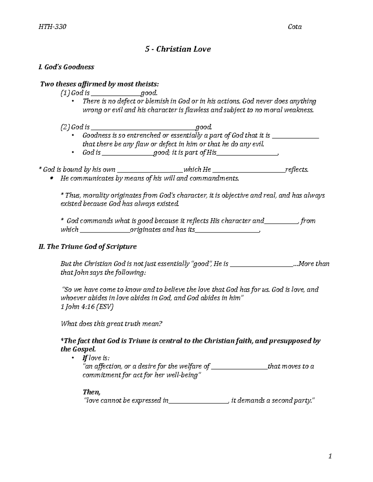 5 - Handout - Christian Love - 5 - Christian Love I. God’s Goodness Two ...