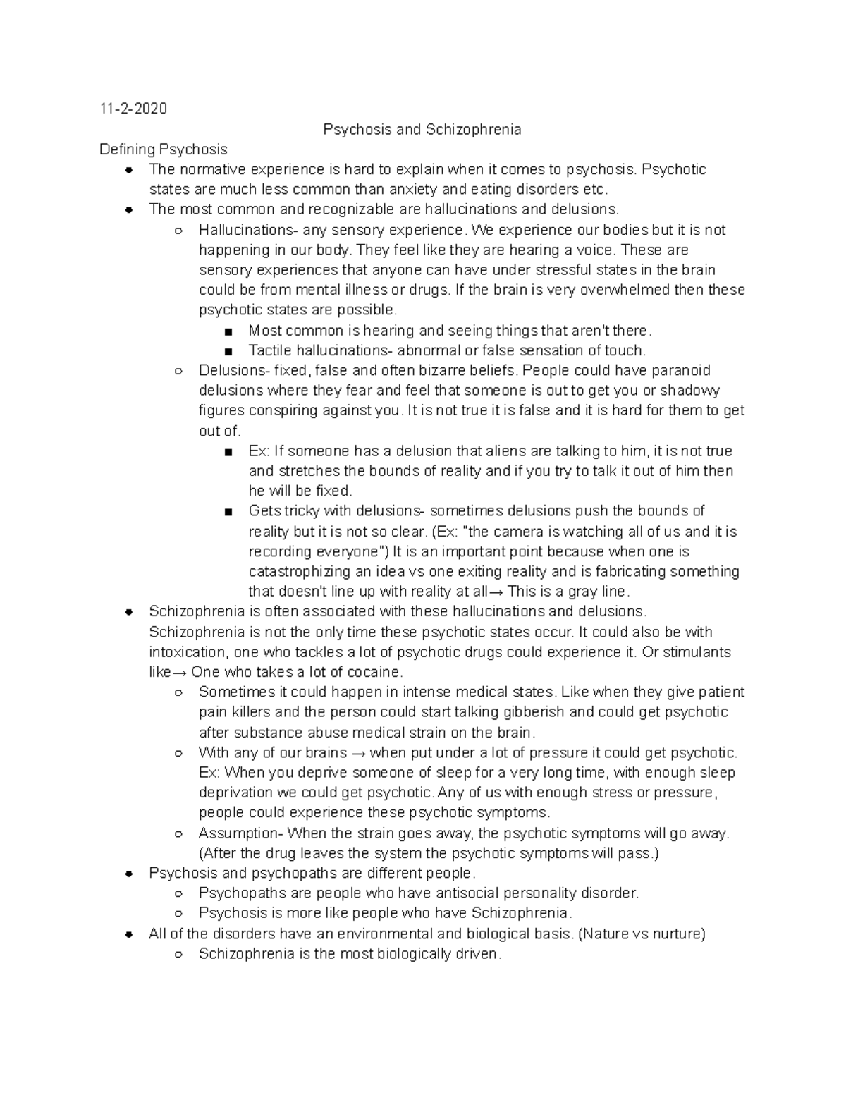 Psych Notes (Test 3) - 11-2- Psychosis and Schizophrenia Defining ...