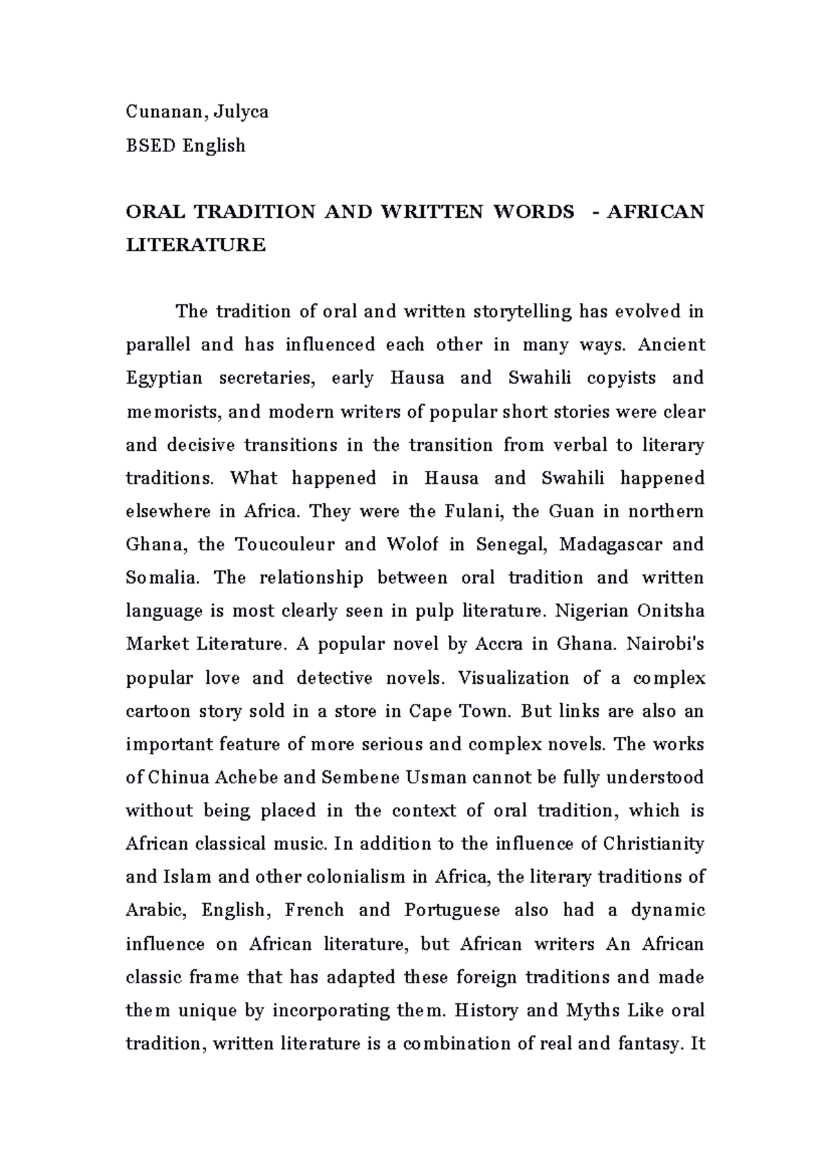 ORAL Tradition AND Written Words - African Literature - Cunanan, Julyca ...