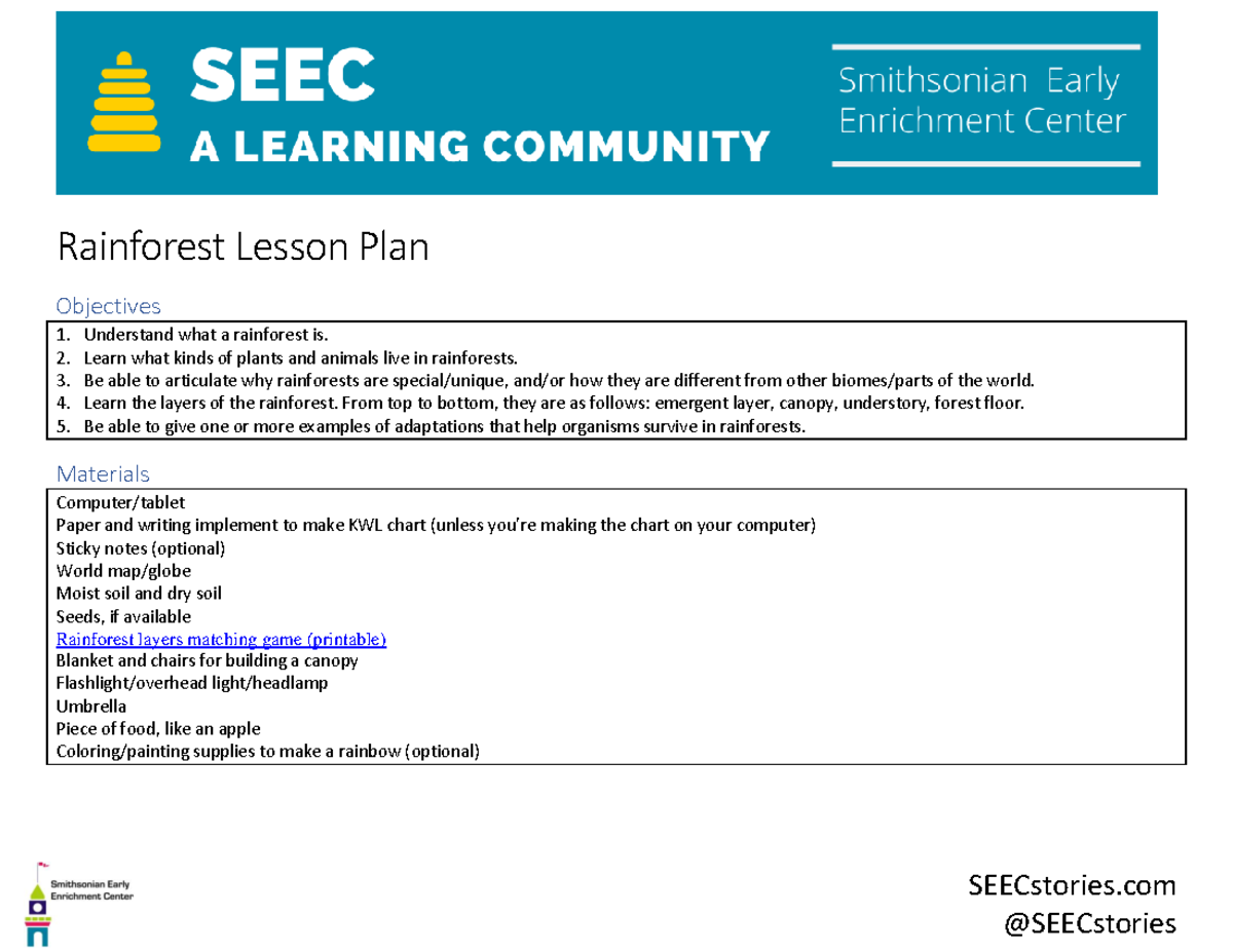Prek rainforest-lessons 3.23.30 - SEECstories Rainforest Lesson Plan ...