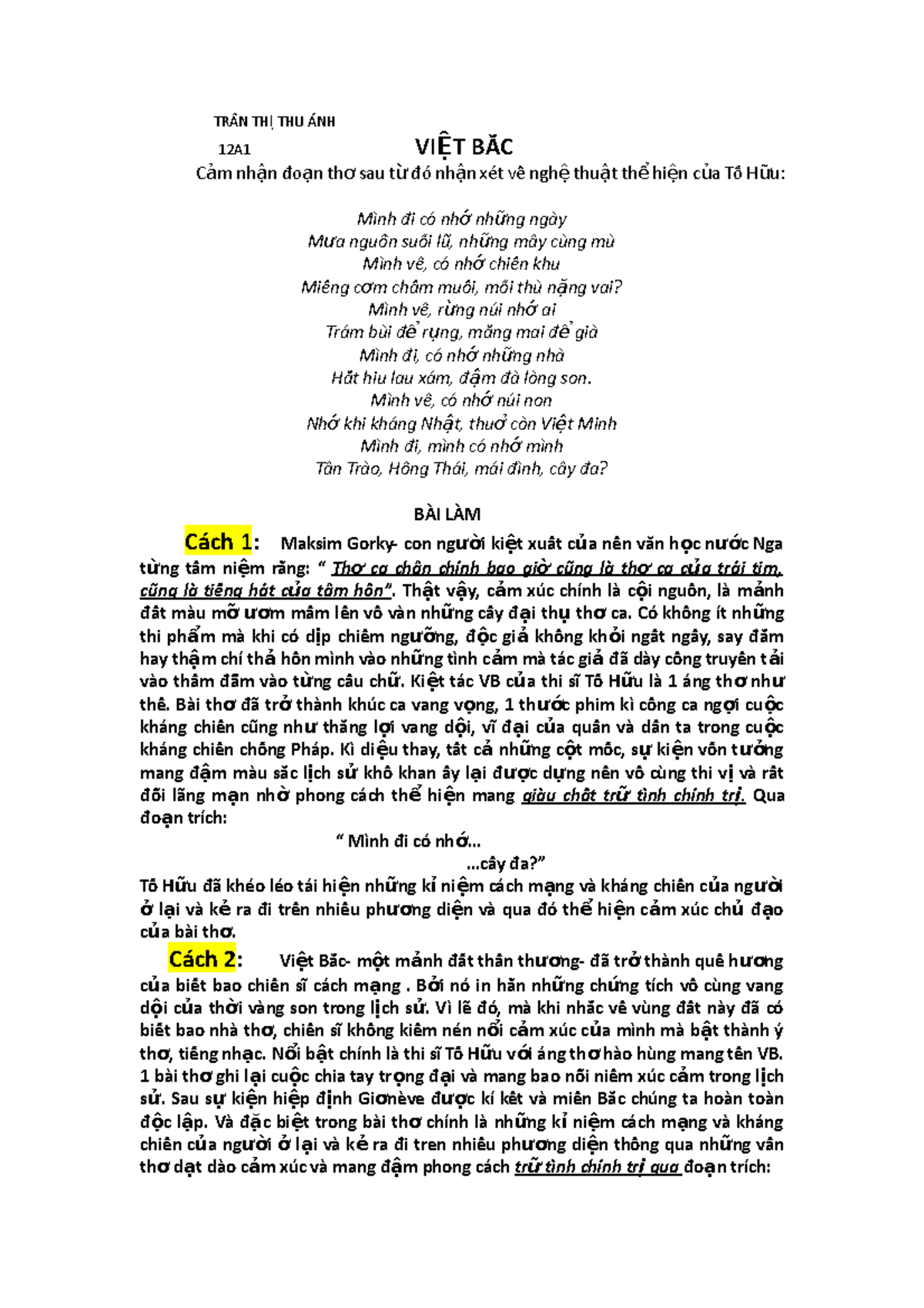 VIỆT BẮC ĐOẠN 3 - GOOD - TRẦẦN TH THU ÁNHỊ 12A1 VI ỆT BẮẮC C ảm nh ận đo ạn th ơ sau t ừ đó nh ...