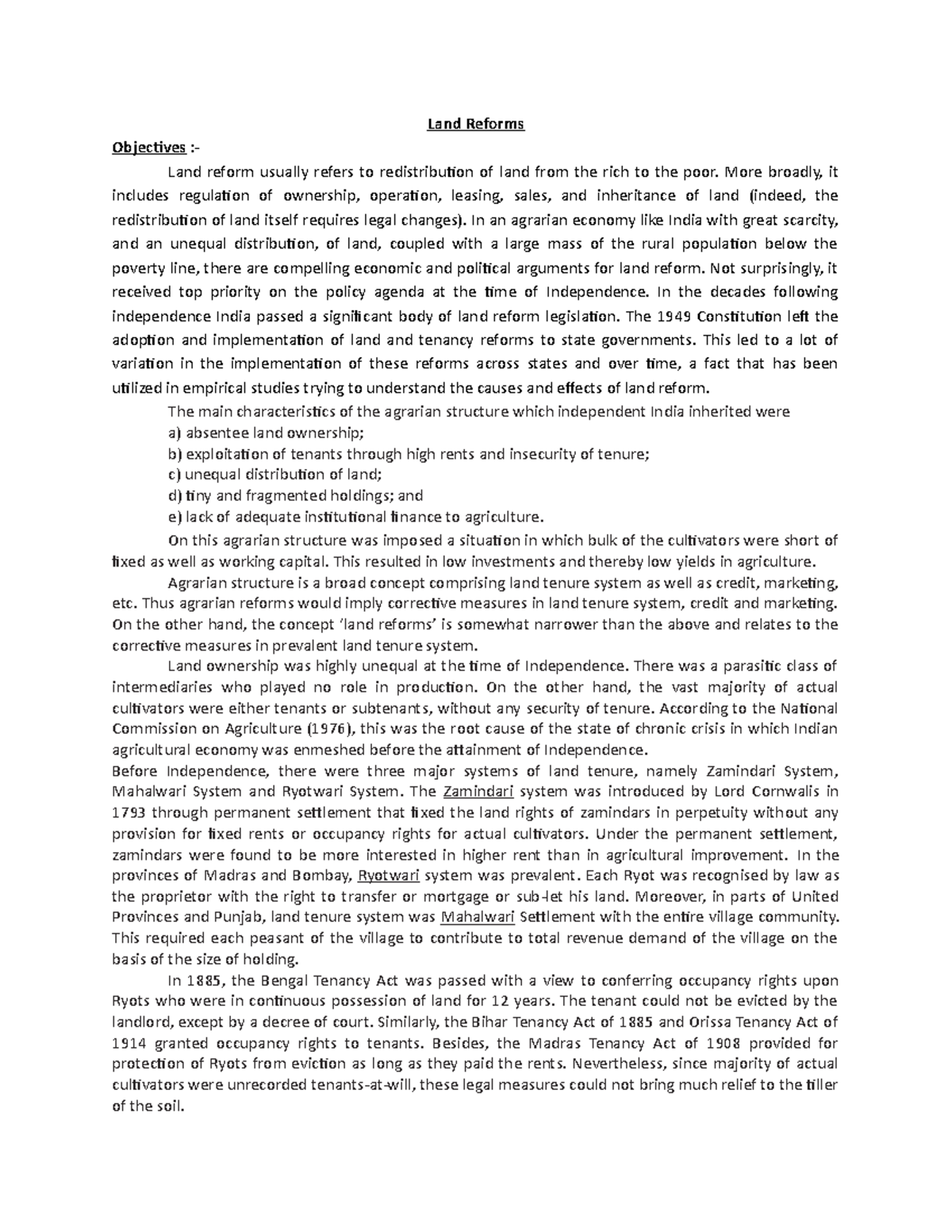 Land Reforms - Land Reforms Objectives :- Land reform usually refers to ...