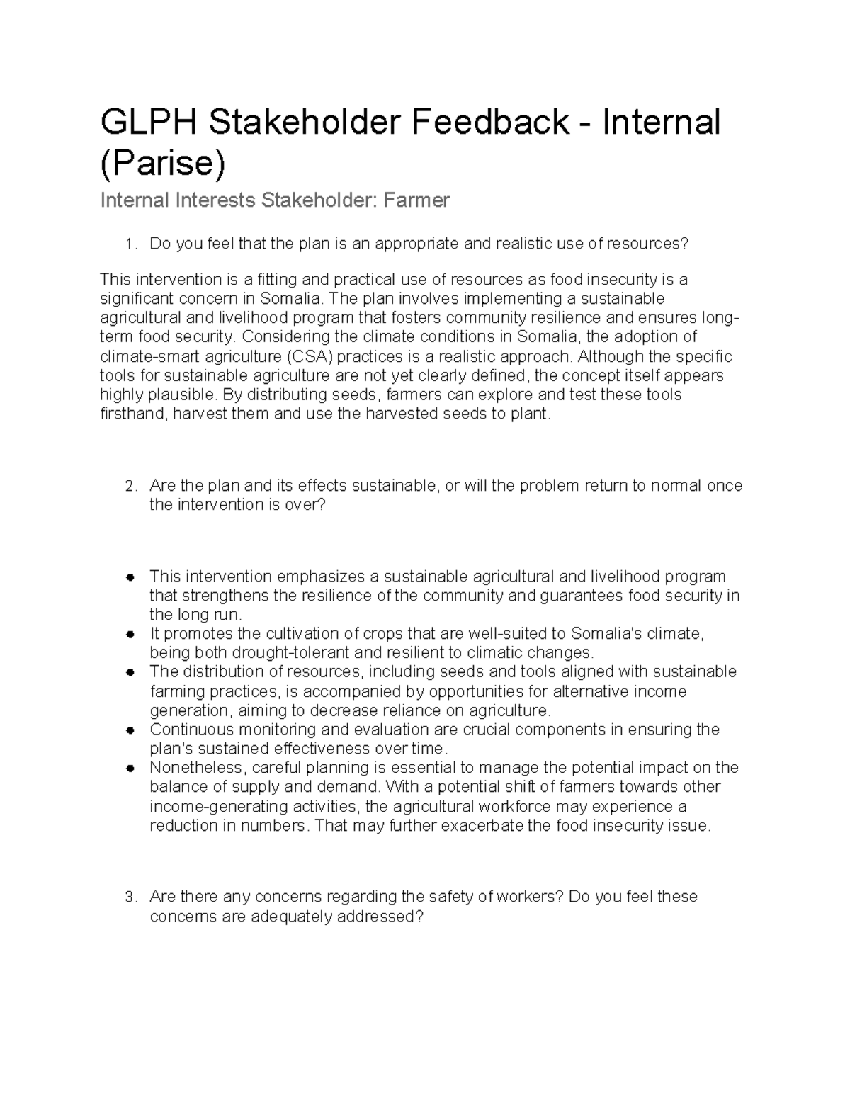 GLPH 271 Stakeholder Feedback - Do you feel that the plan is an ...