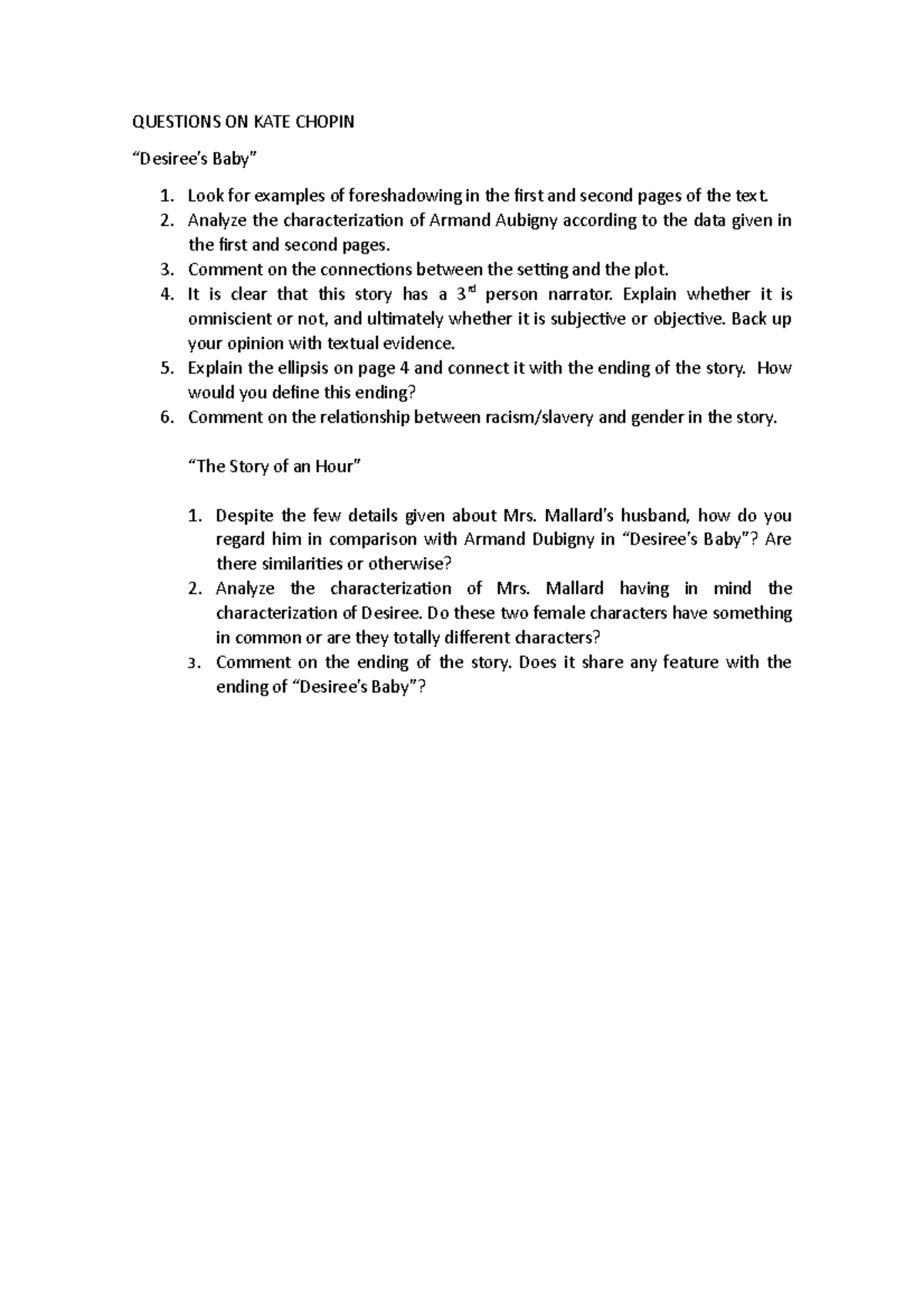 Questions on Kate Chopin - QUESTIONS ON KATE CHOPIN “Desiree’s Baby ...