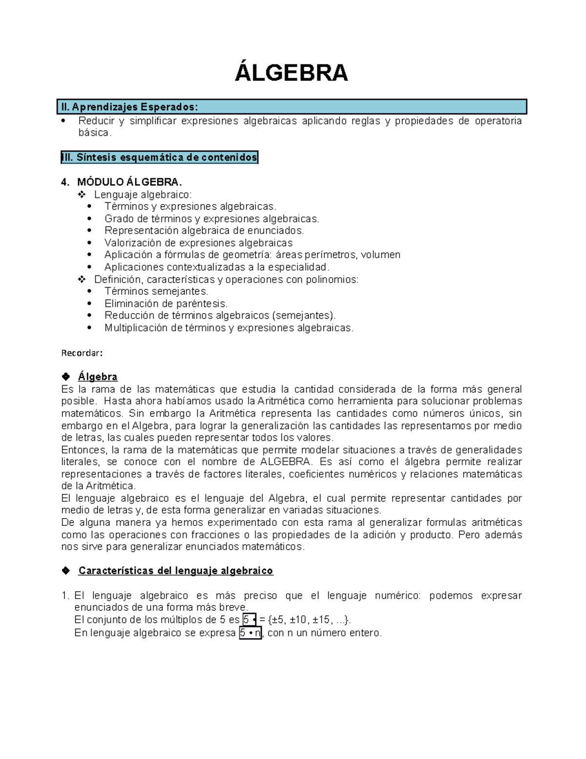 Álgebra 1 - ¿Qué es álgebra? - ÁLGEBRA II. Aprendizajes Esperados ...