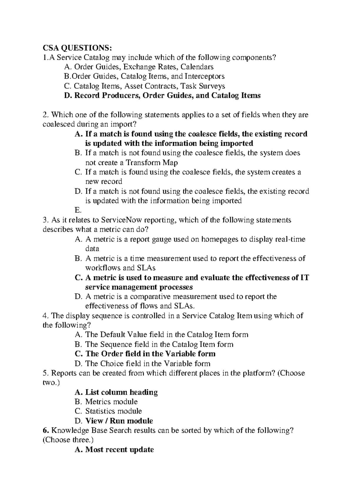 CSA Questions - CSA QUESTIONS: 1 Service Catalog may include which of the following components ...