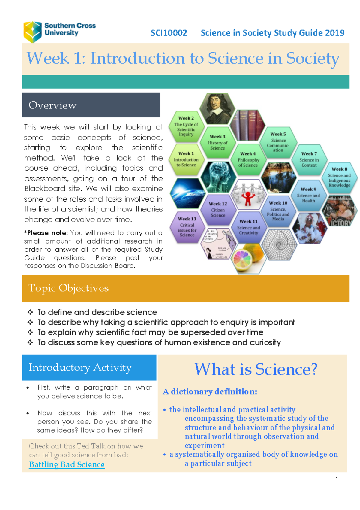 Study Guide (week 1) - 1 Week 1 Introduction to Science in Society ...