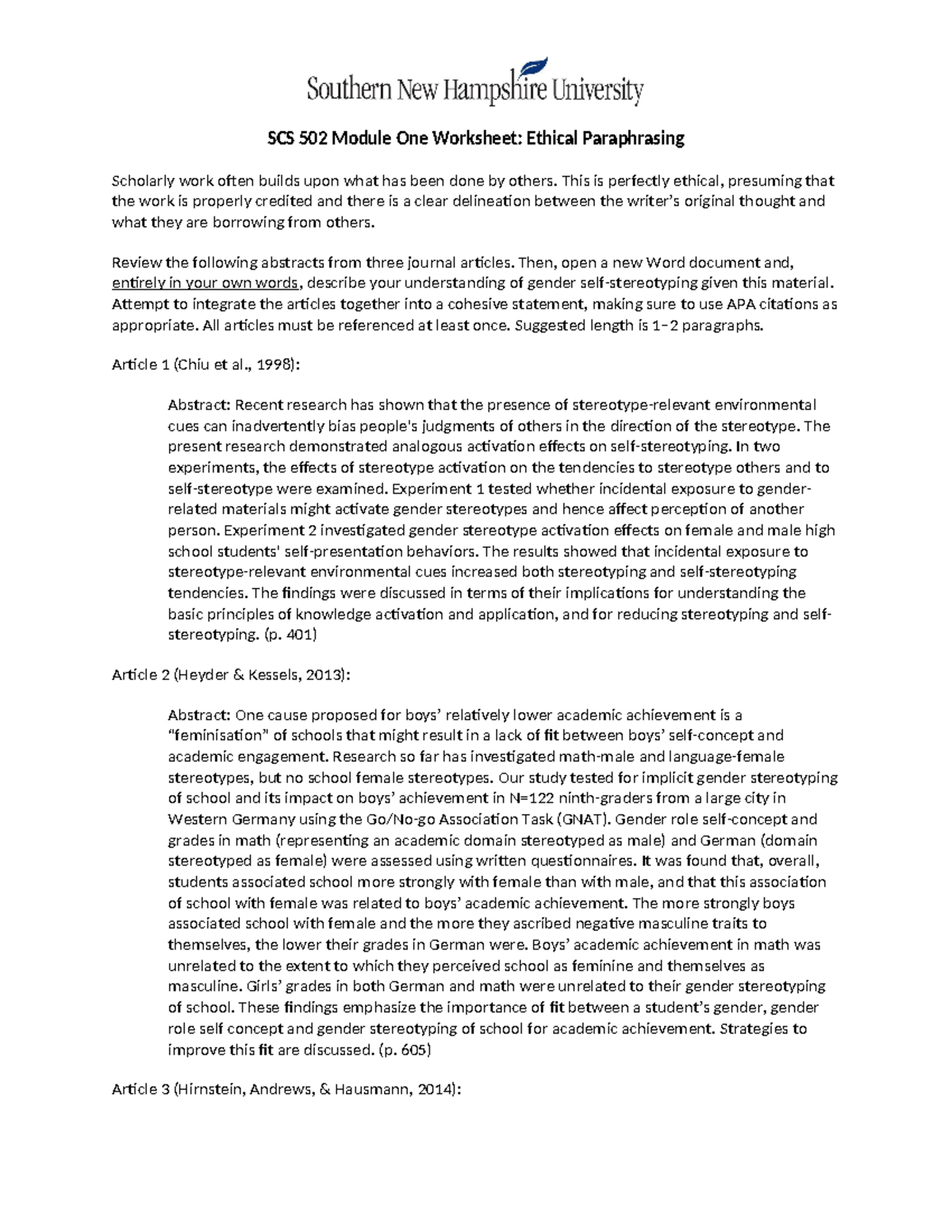 Scs502 module one ethical paraphrasing worksheet - SCS 502 Module One Worksheet: Ethical - Studocu