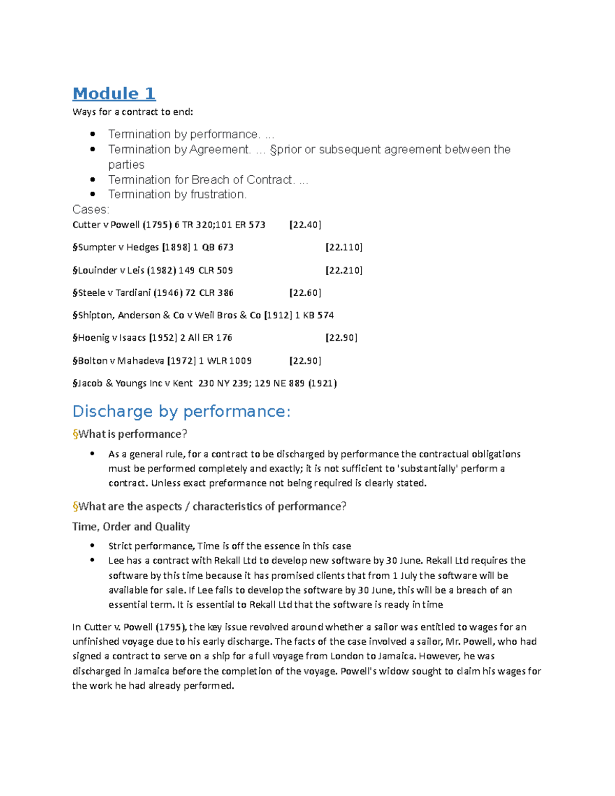 Module 1 - Module 1 Ways for a contract to end: Termination by performance. ... Termination by ...