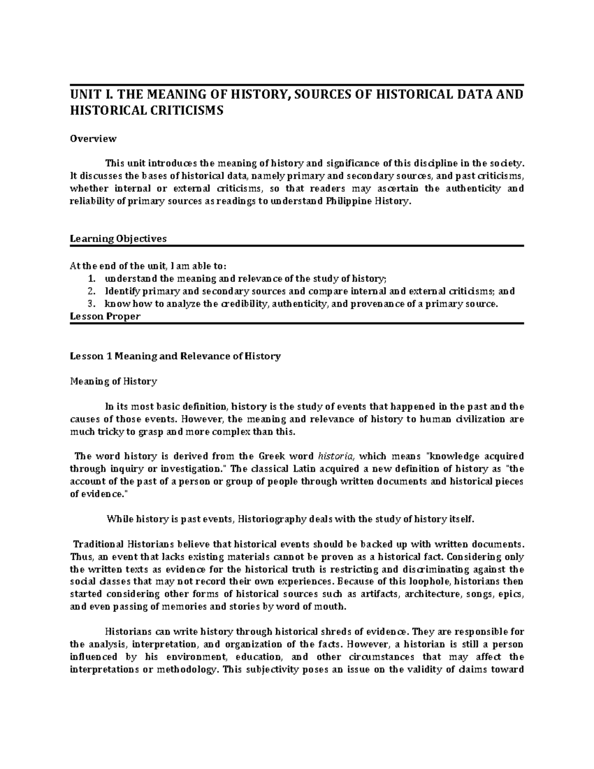 GE2 unit 1 - UNIT 1 - UNIT I. THE MEANING OF HISTORY, SOURCES OF ...