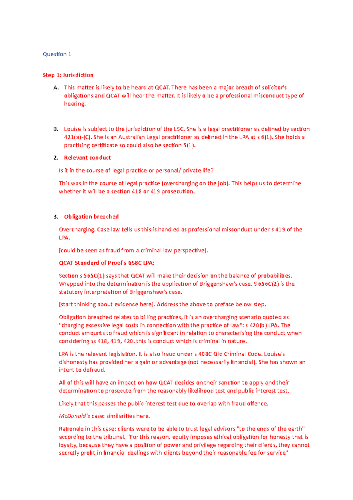 LLH302-Week-5-tutorial-answers - Question 1 Step 1: Jurisdiction A. This matter is likely to be ...