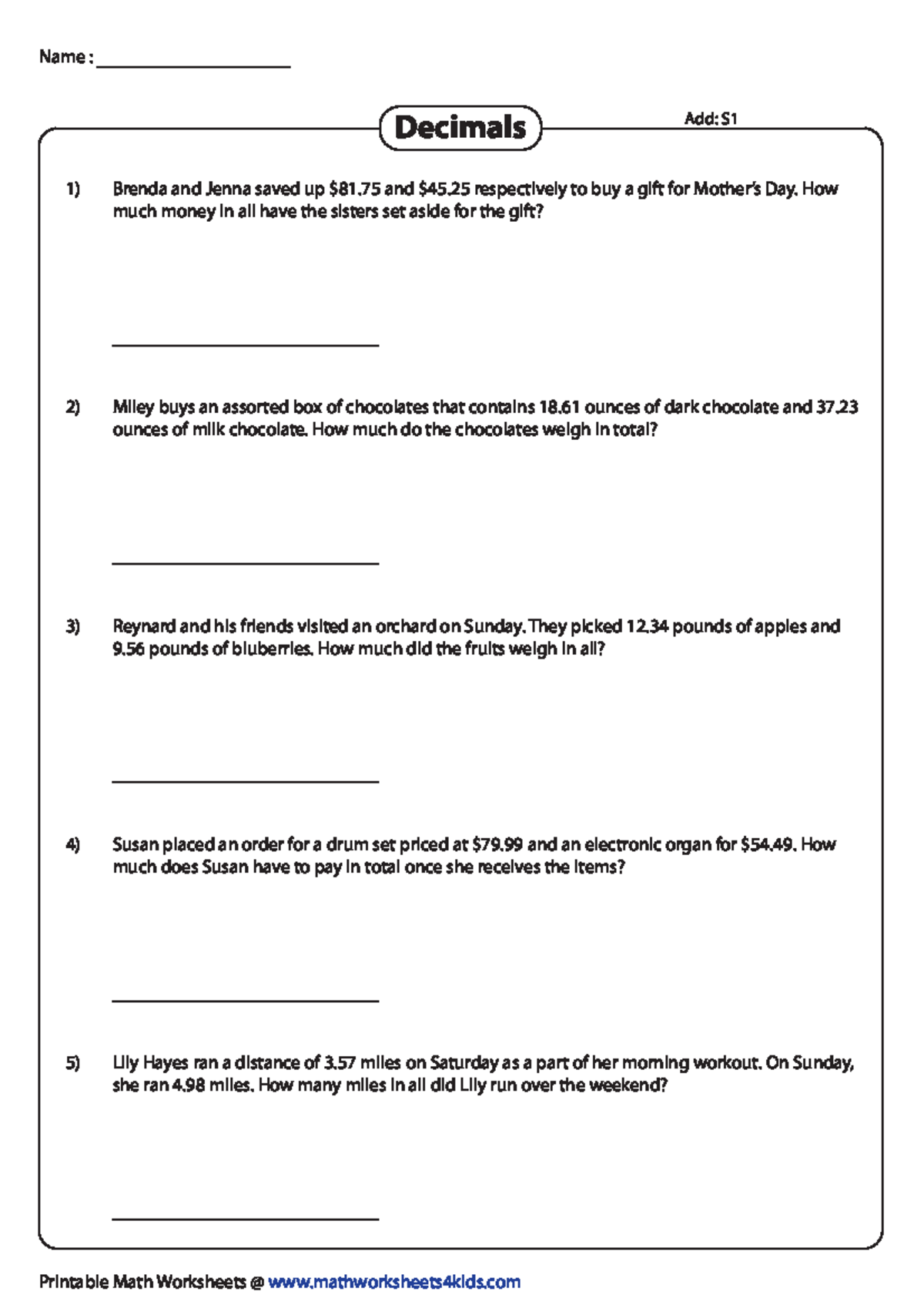 Addition 1-mathworksheets 4kids-QUES - Name : Decimals Add: S1 1 ...