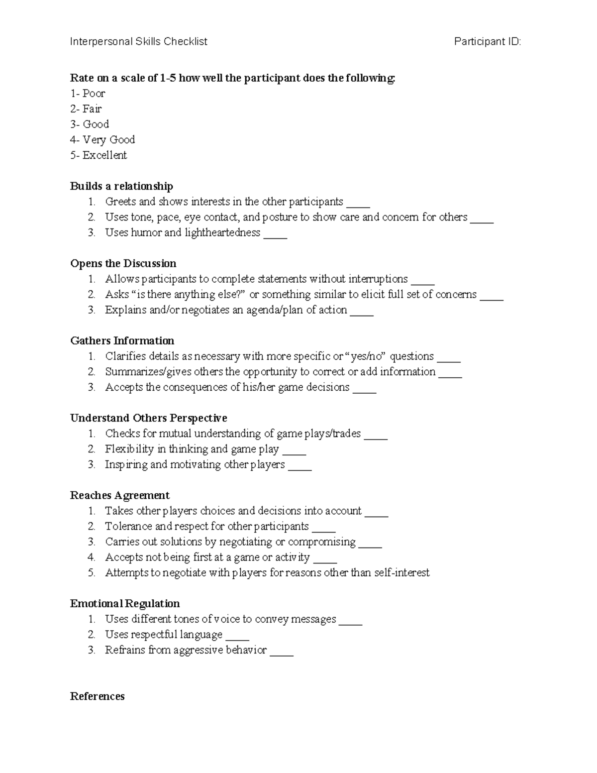 Interpersonal Skills Checklist - Greets and shows interests in the ...