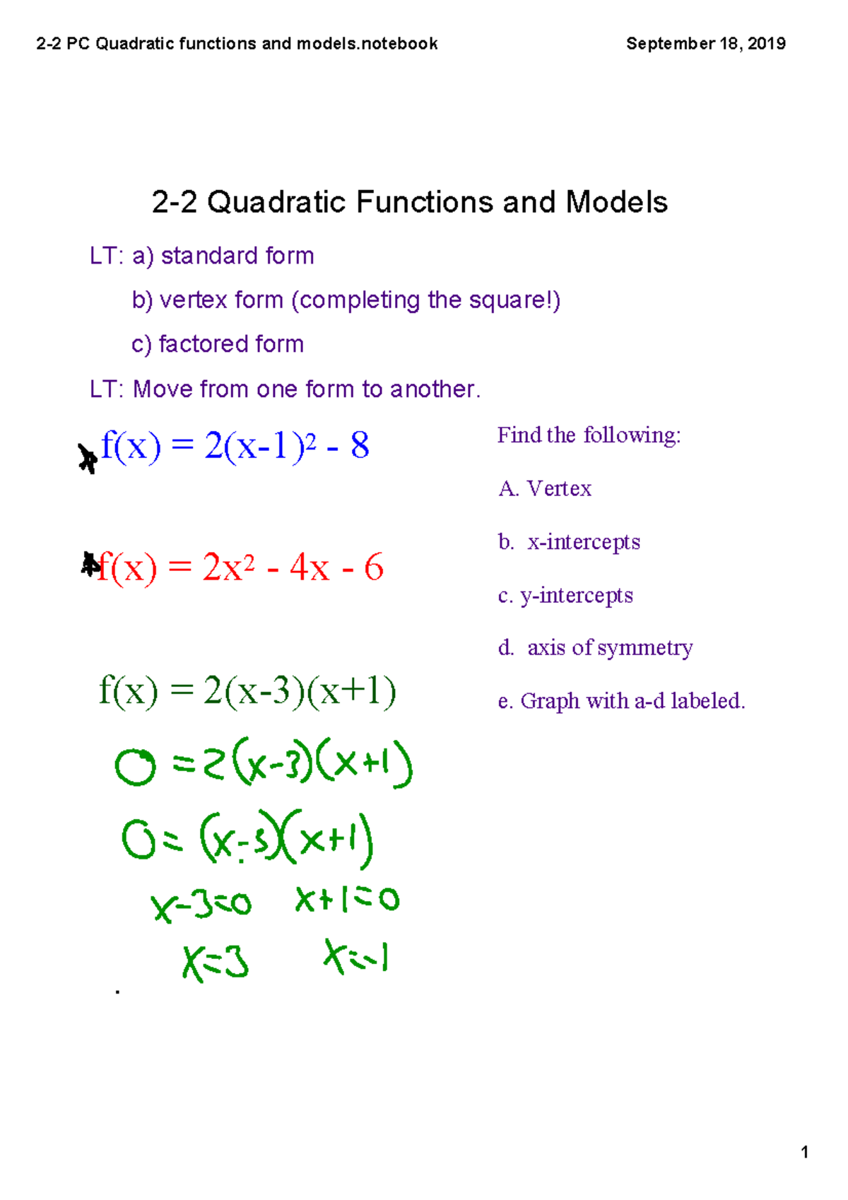 2-2 Notes - Quadratic Functions and Models Lecture - f(x) = 2(x1) 2 8 f ...